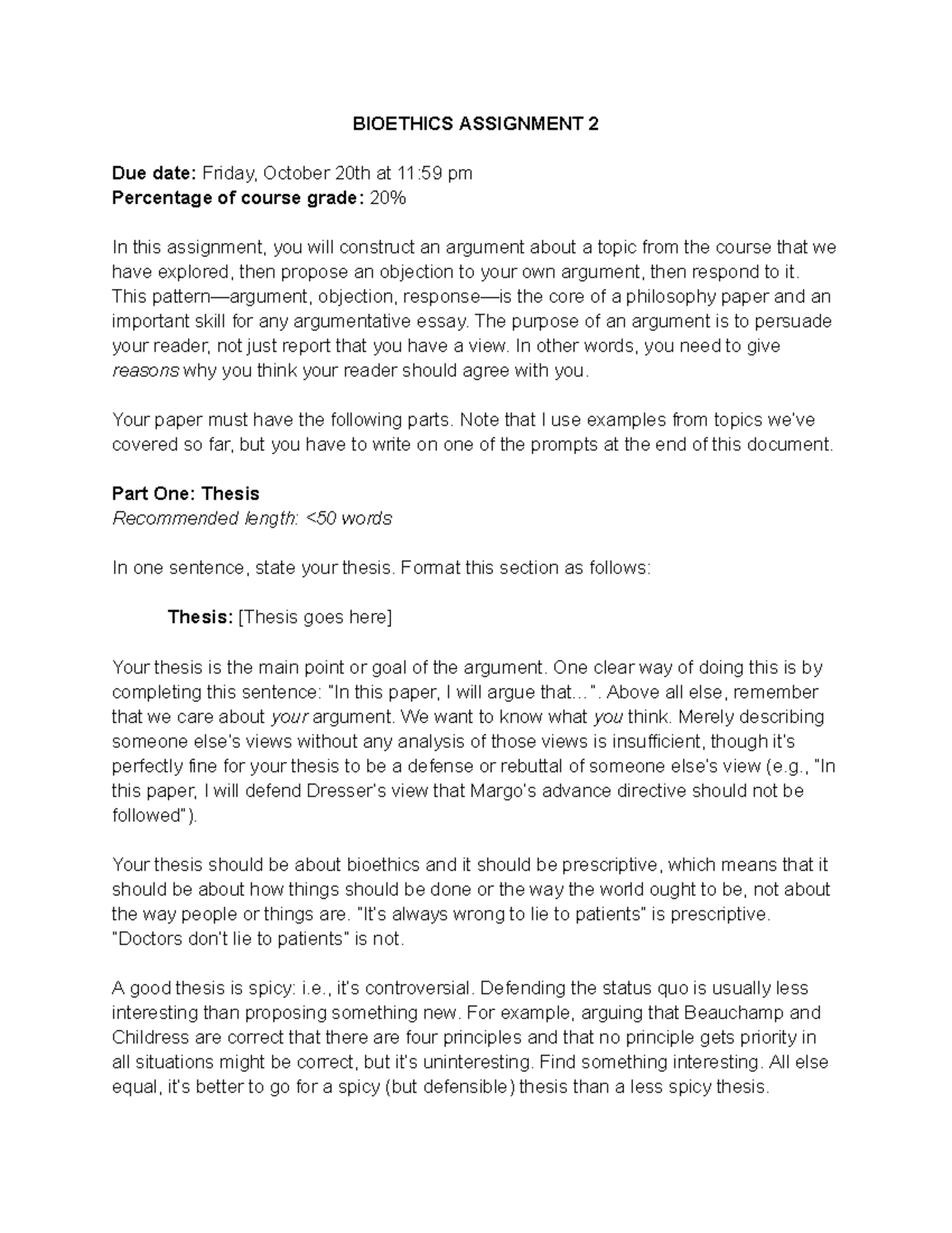 Assignment 2 - biob50 notes - BIOETHICS ASSIGNMENT 2 Due date: Friday ...