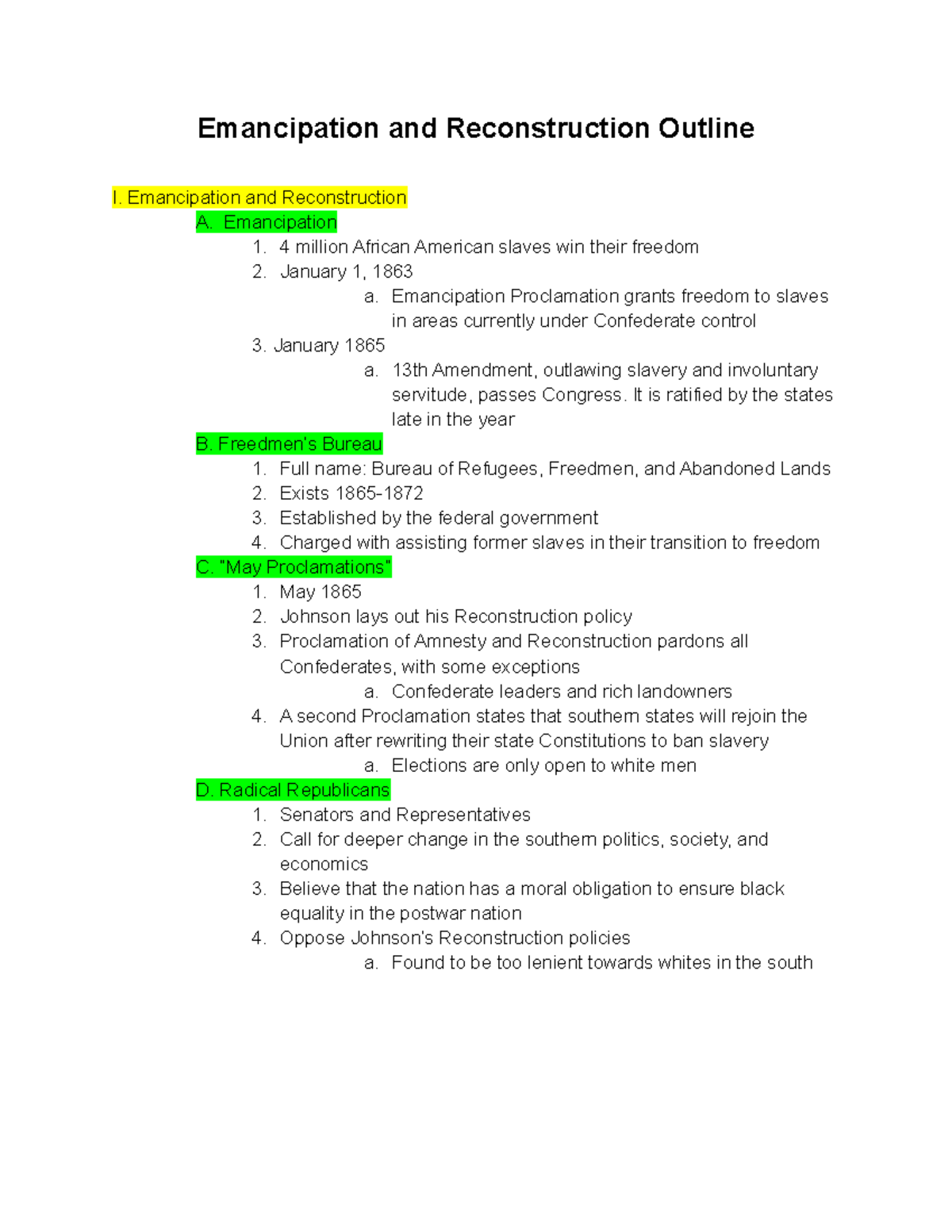 Emancipation and Reconstruction Outline Notes - Emancipation and ...