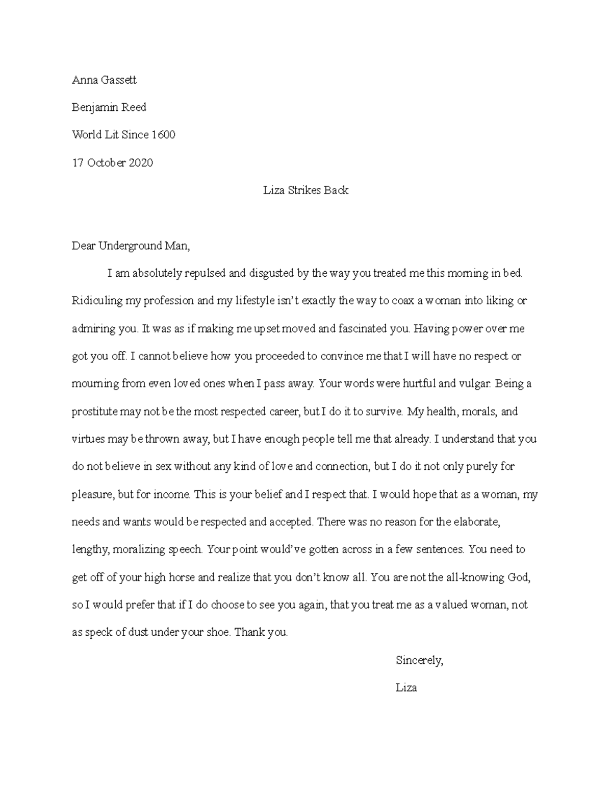 Liza Strikes Back - summary - Anna Gassett Benjamin Reed World Lit ...