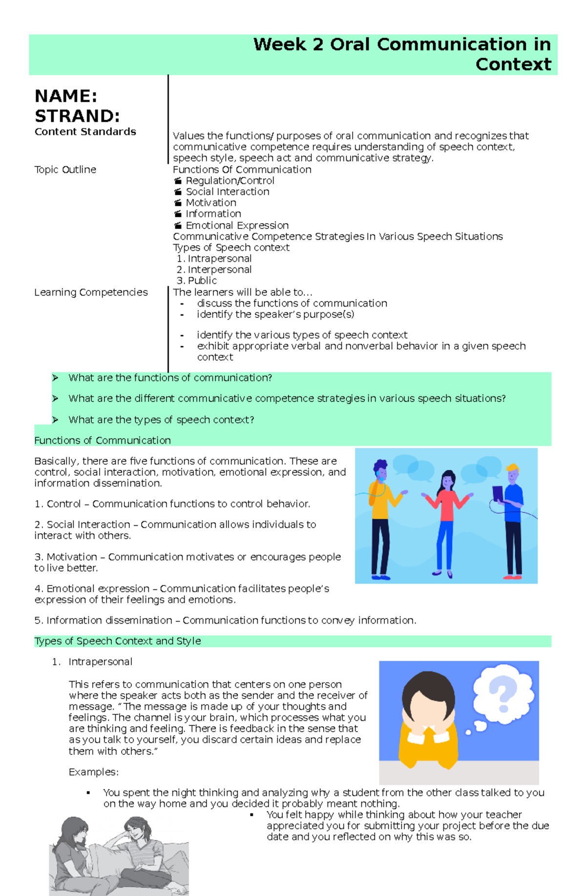 Oral Communication, Week 2 - Week 2 Oral Communication in Context NAME ...