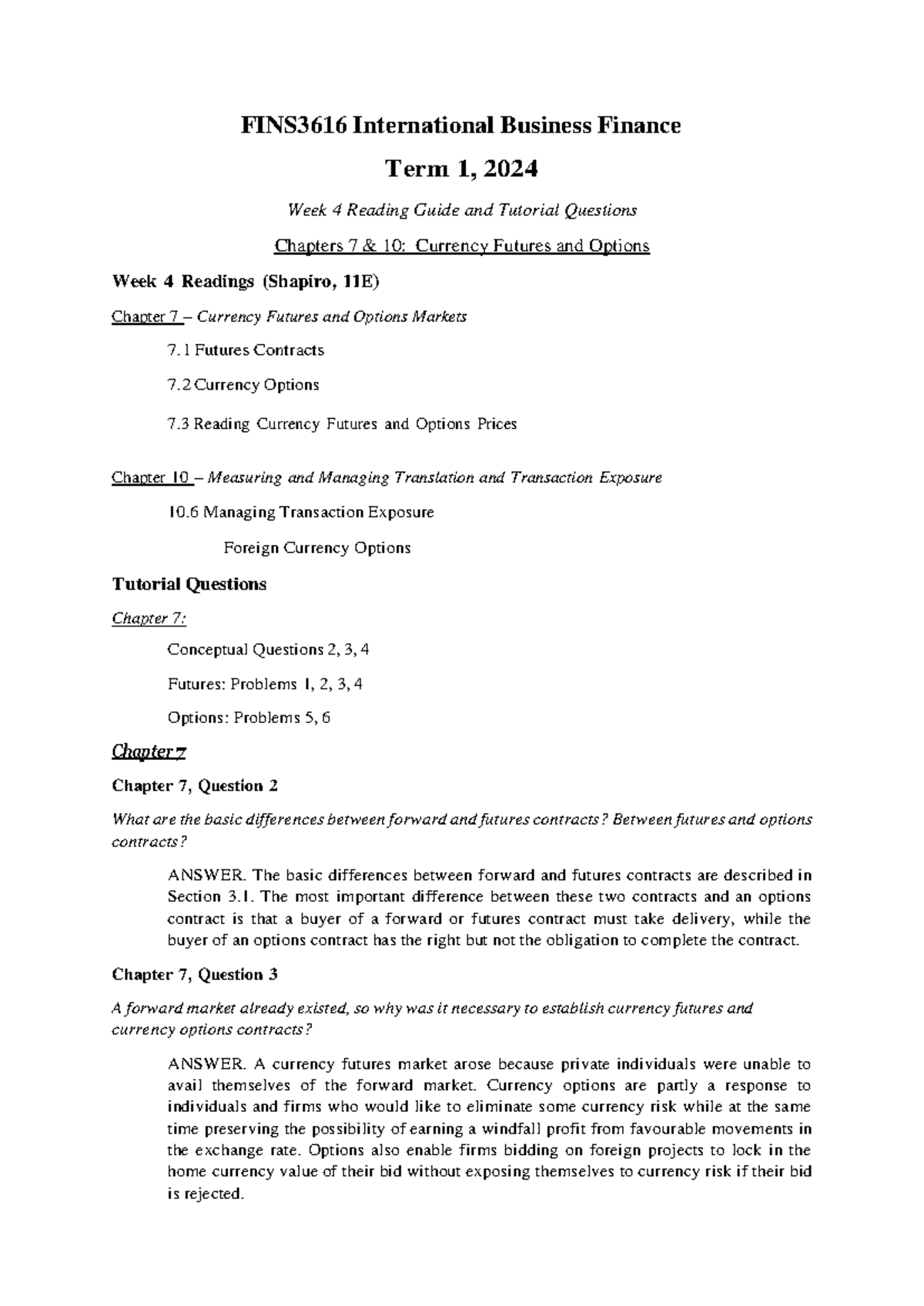 Week 4 Tutorial Solutions - FINS3616 International Business Finance ...