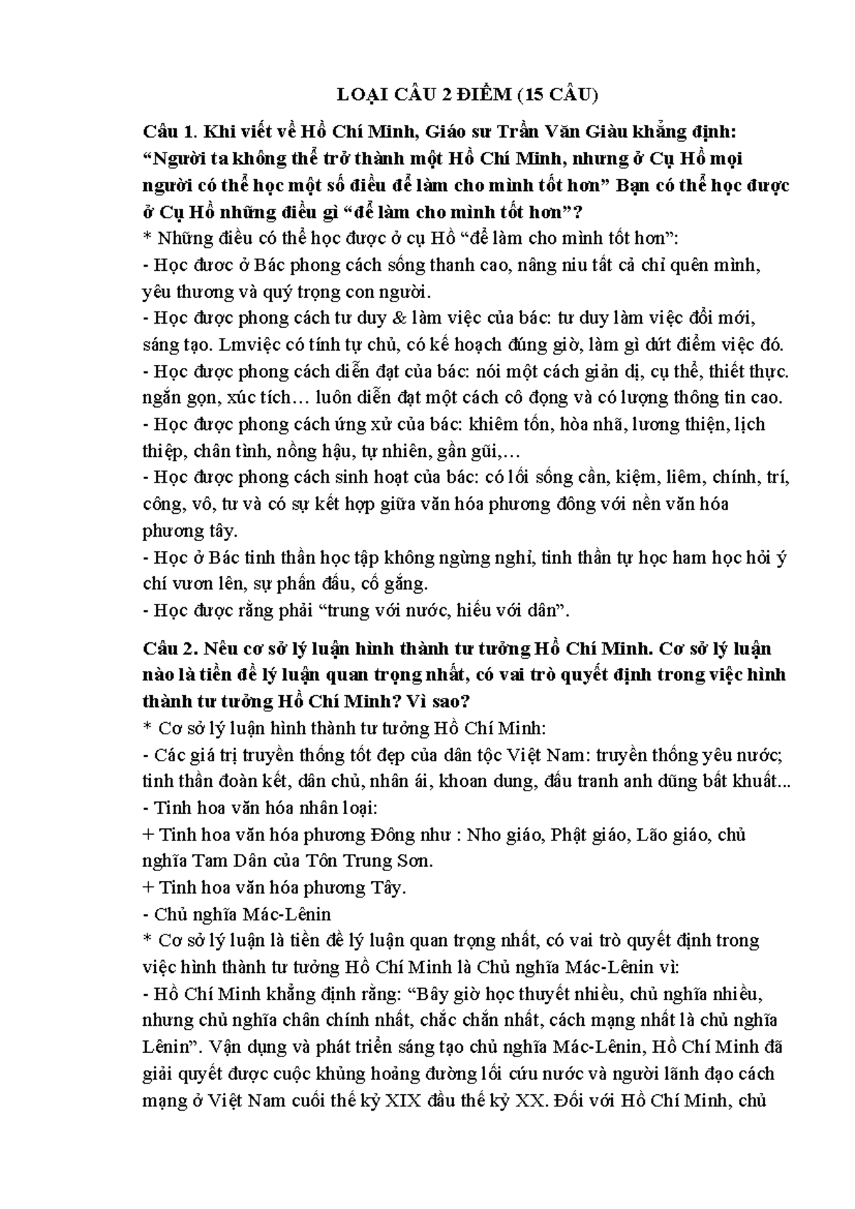 Tư tưởng tự luận - tu luan tu tuong HCM - LOẠI CÂU 2 ĐIỂM (15 CÂU) Câu ...