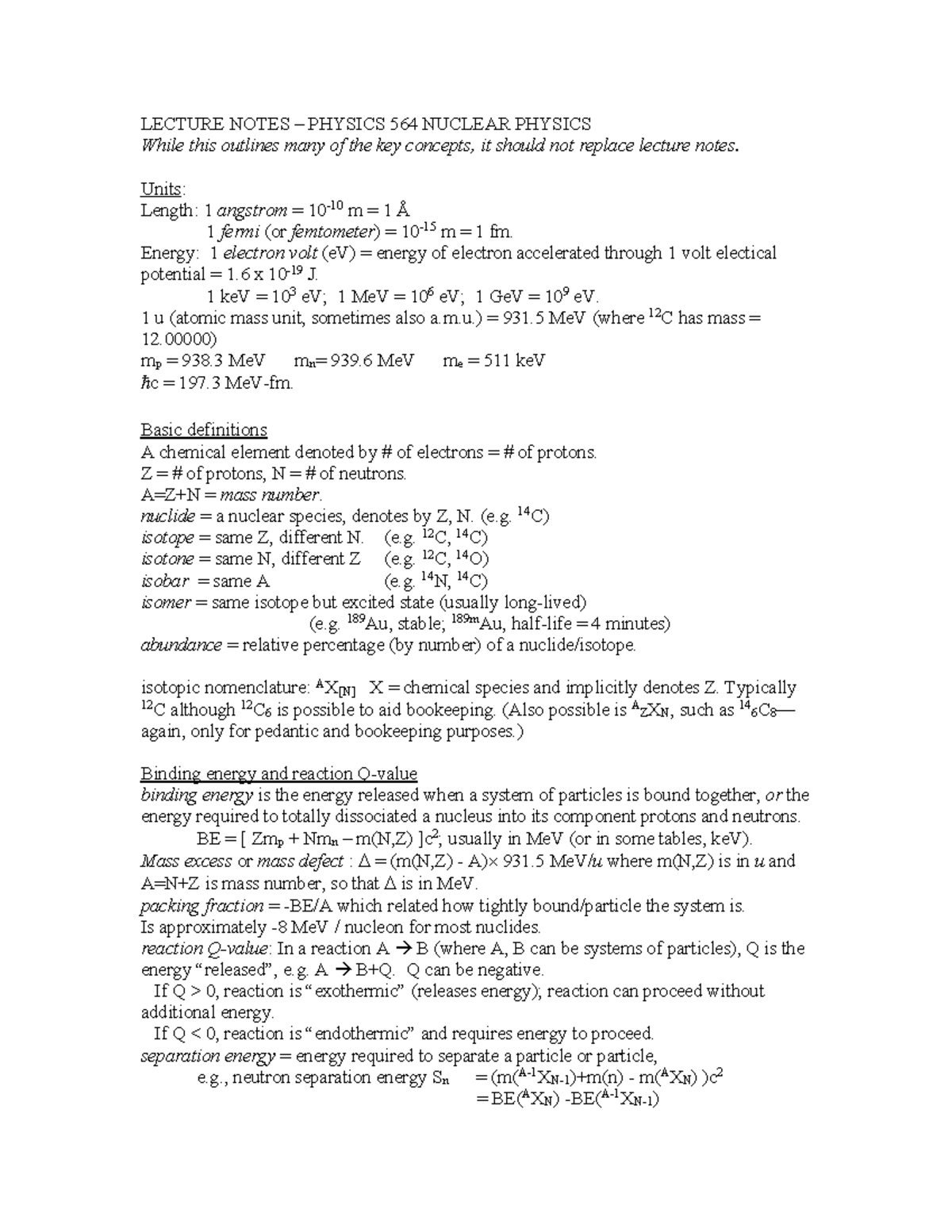 Lecturenotes Nuclear And Particle Physics Lecture Notes Physics 564