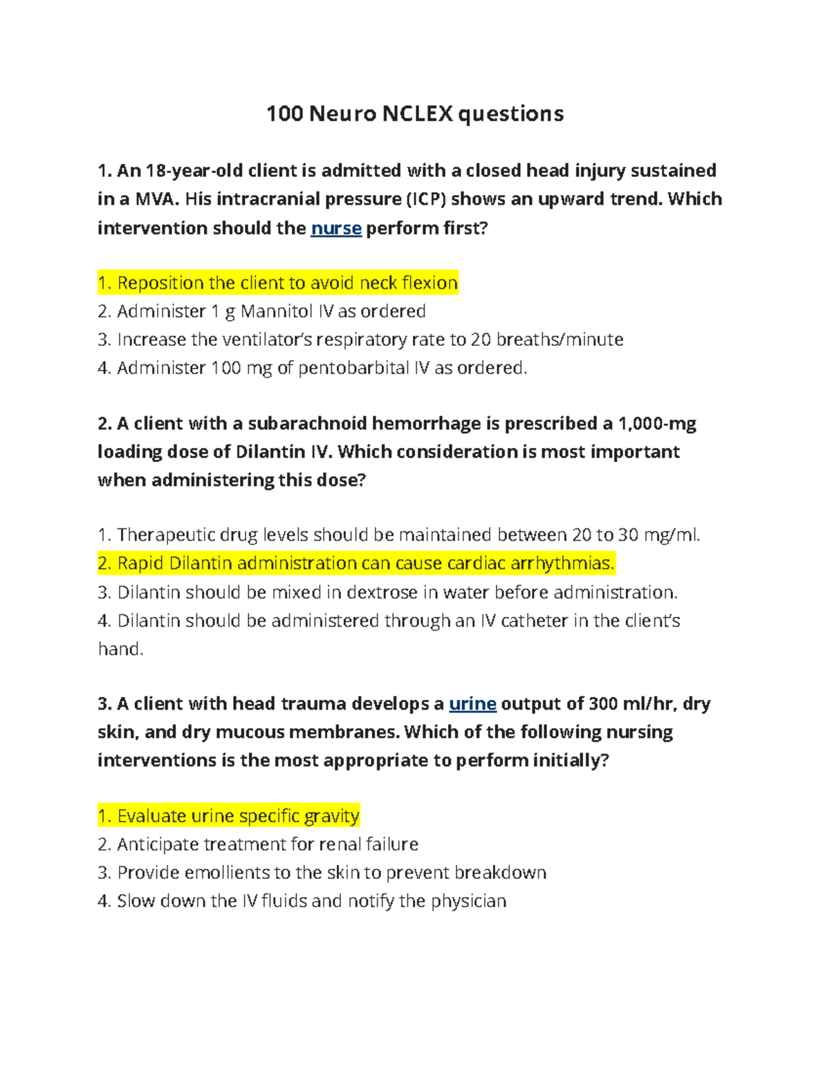 100 Neuro Nclex questions - 100 Neuro NCLEX questions An 18-year-old ...