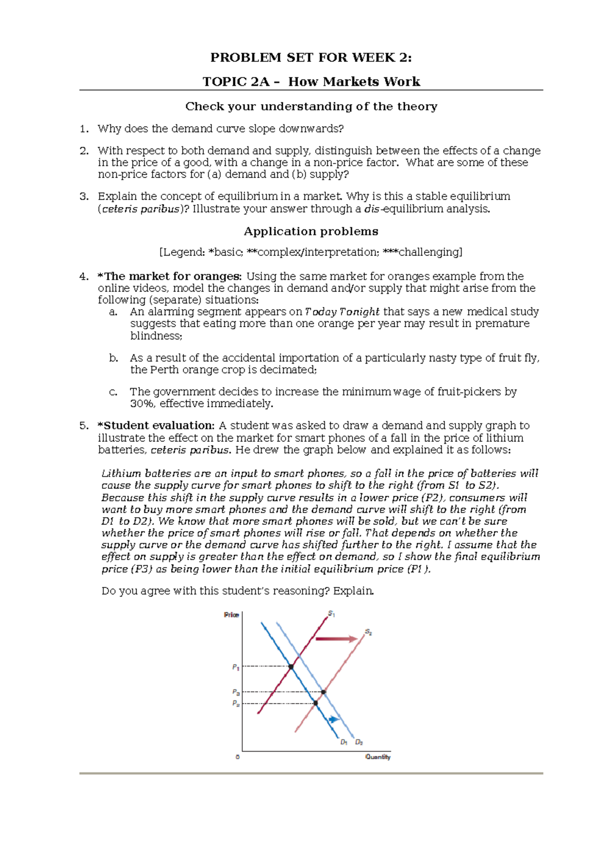 Problem set week 2 - PROBLEM SET FOR WEEK 2: TOPIC 2A – How Markets Work Check your ...