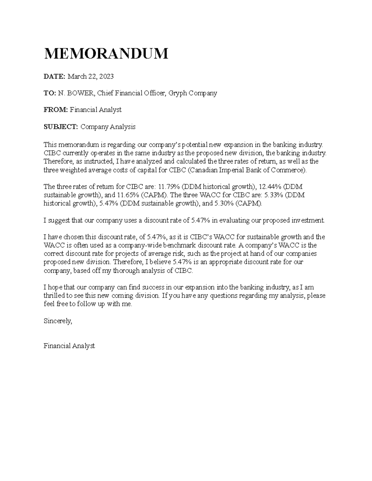 887960 Memo - assignment - MEMORANDUM DATE: March 22, 2023 TO: N. BOWER ...