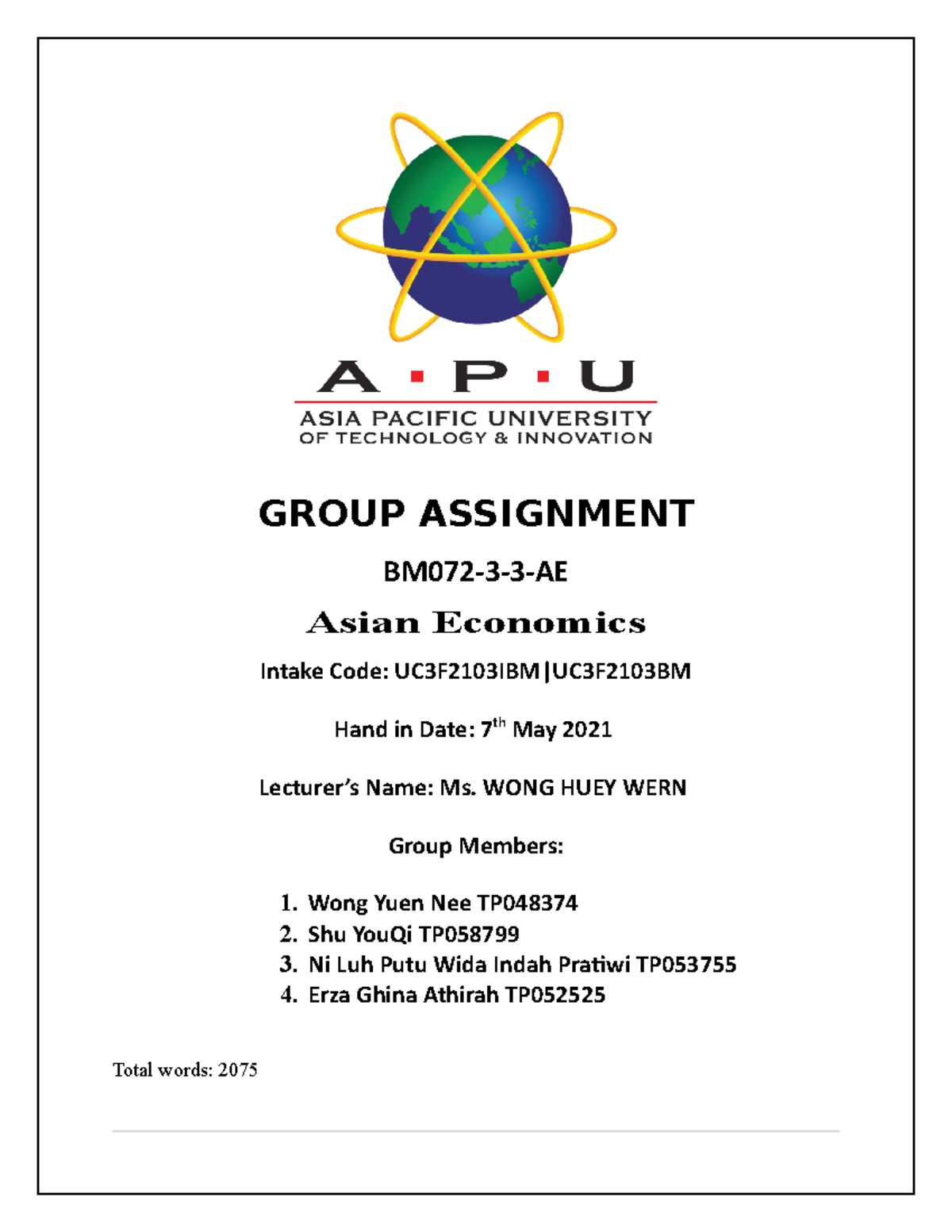 AE Group Assignment Report - GROUP ASSIGNMENT BM072-3-3-AE Asian ...