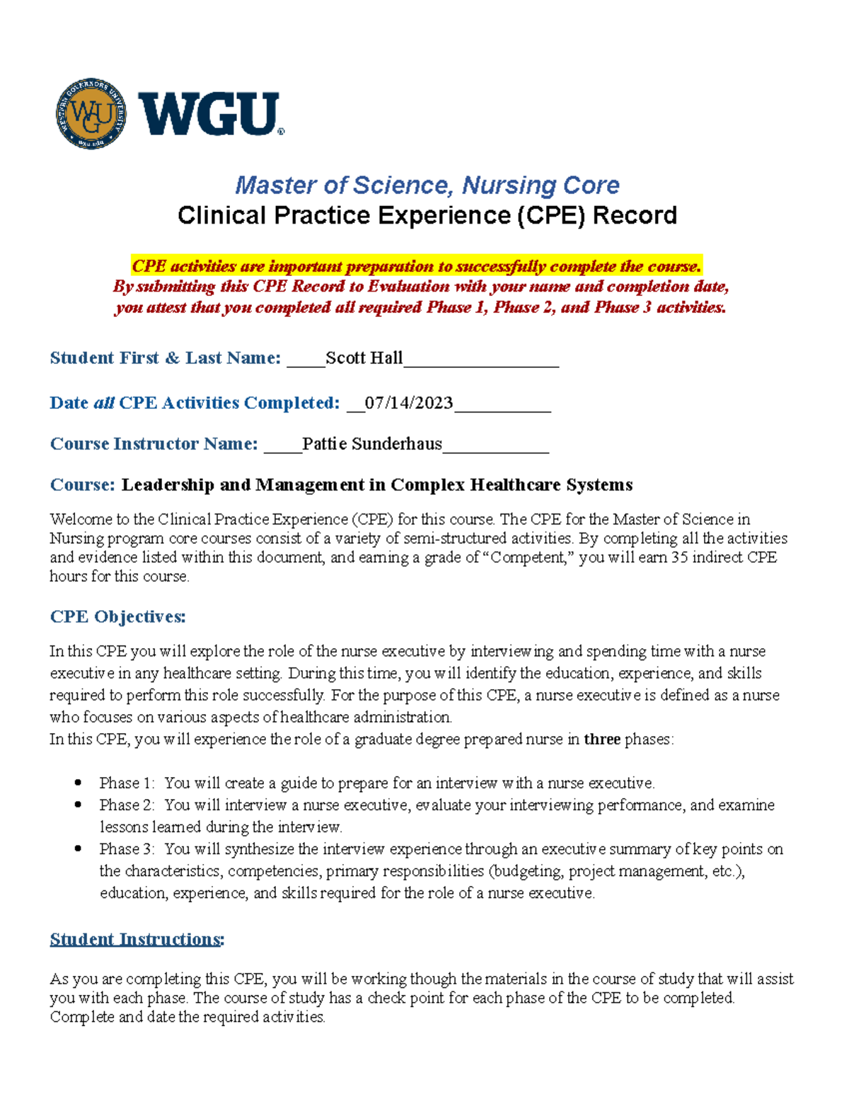 CPE Record - D 030 - WGU - Studocu