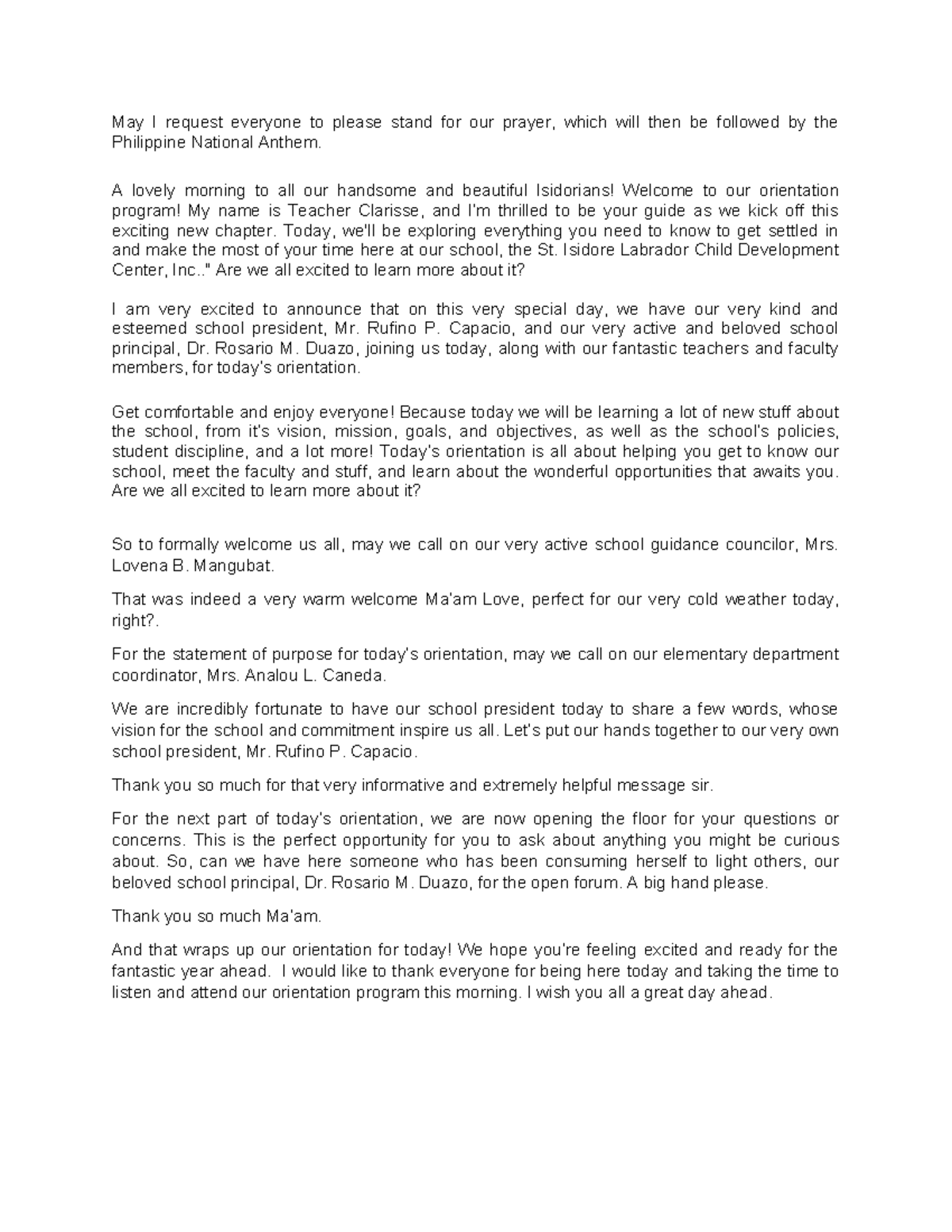 Script for tomorrow - none - May I request everyone to please stand for ...