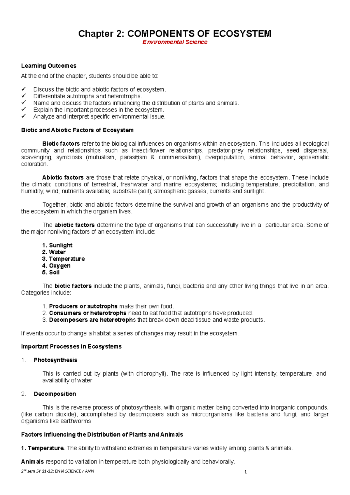 Components of Ecosystem - 1 Chapter 2: COMPONENTS OF ECOSYSTEM ...
