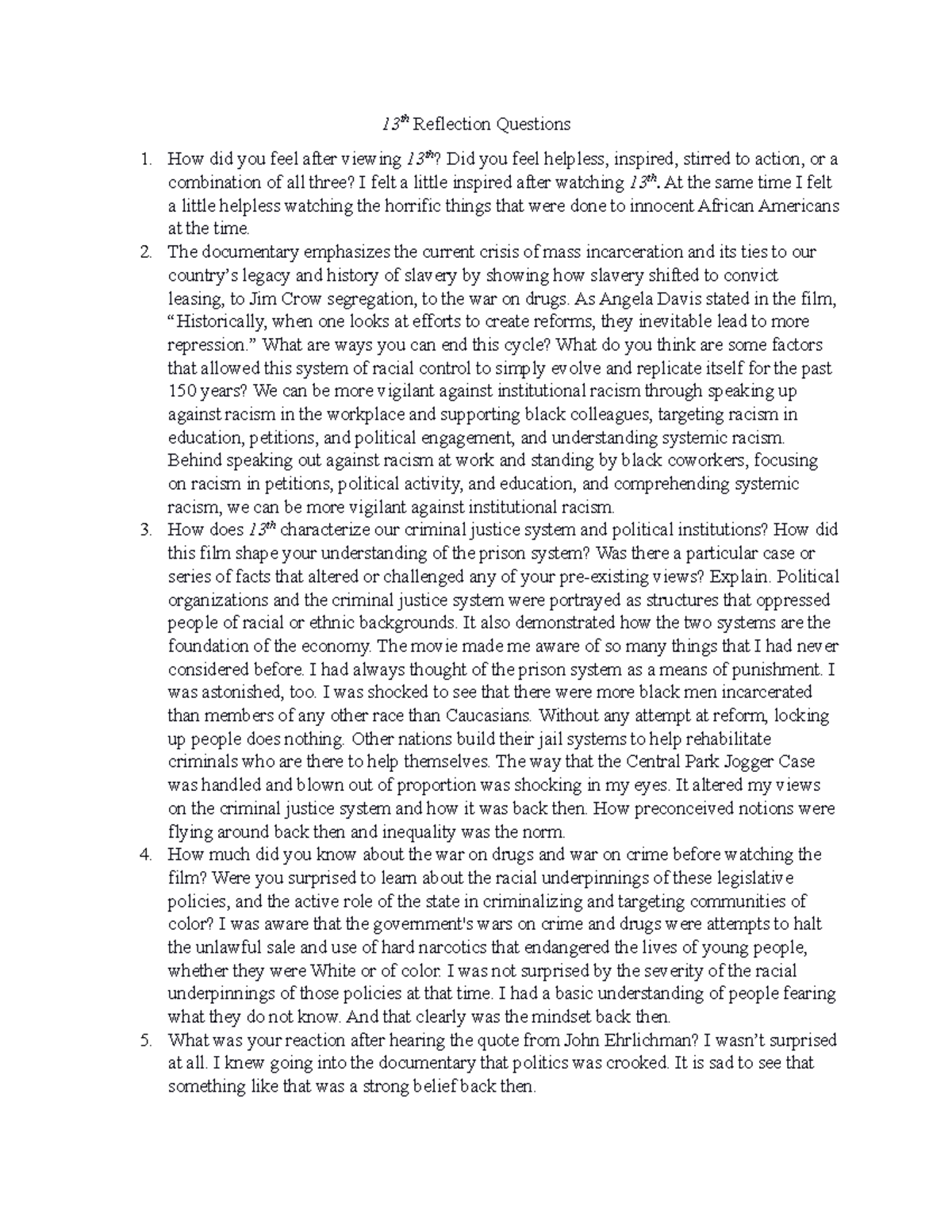 13th Reflection (Homework) - 13 th Reflection Questions How did you ...