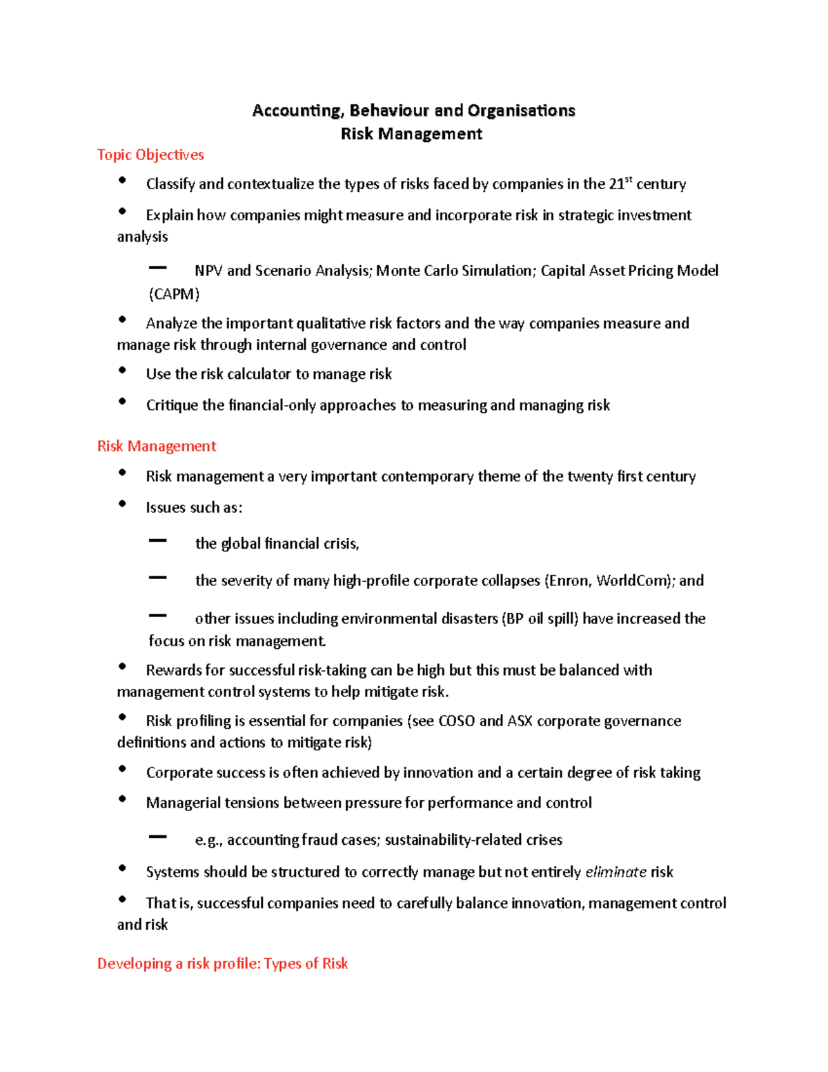 Week 11 Lecture - Risk Management - Accounting, Behaviour and ...