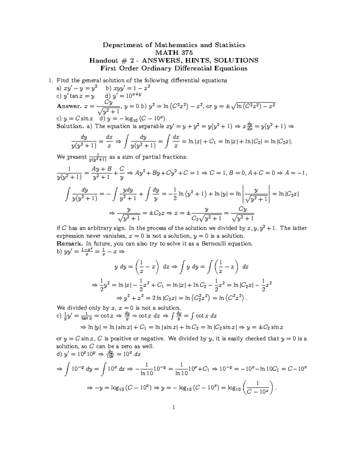 Handout 2sol 375 - Department of Mathematics and Statistics MATH 375 ...