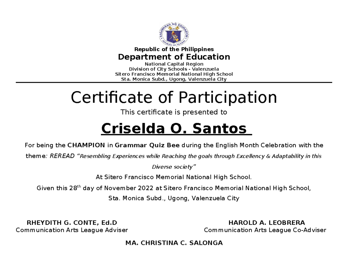 CAL Certificate Template 2022 - Republic of the Philippines Department ...