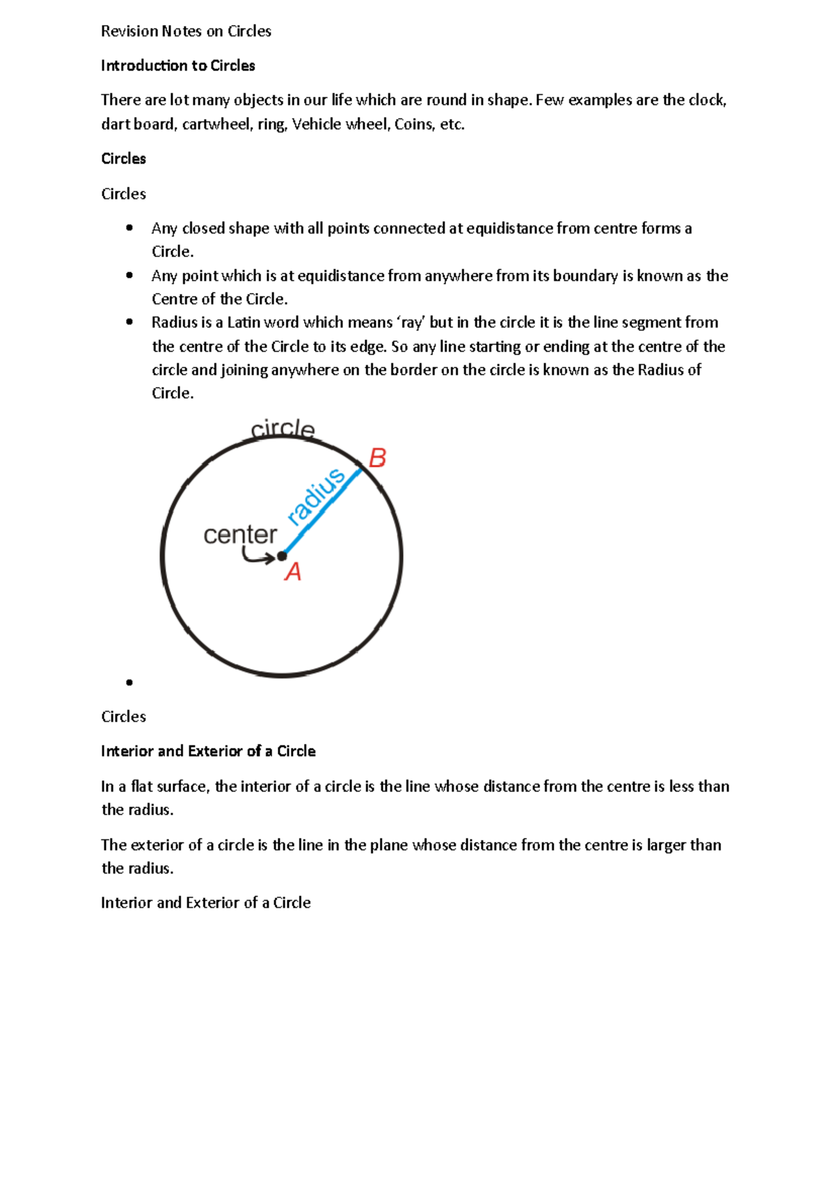 Revision Notes on Circles 3 - Revision Notes on Circles Introduction to ...
