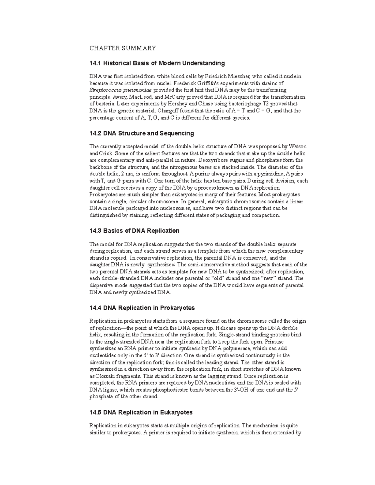 Chapter Summary 14-17 bio - CHAPTER SUMMARY 14 Historical Basis of ...