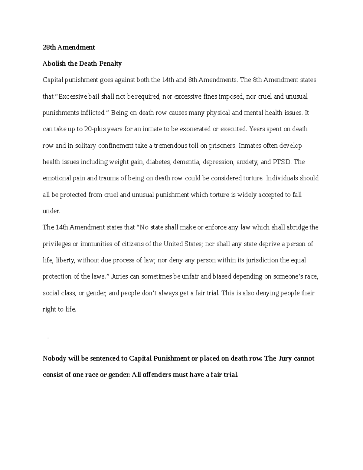 Wednesday August 30 Week 2 Amendment - 28th Amendment Abolish the Death ...