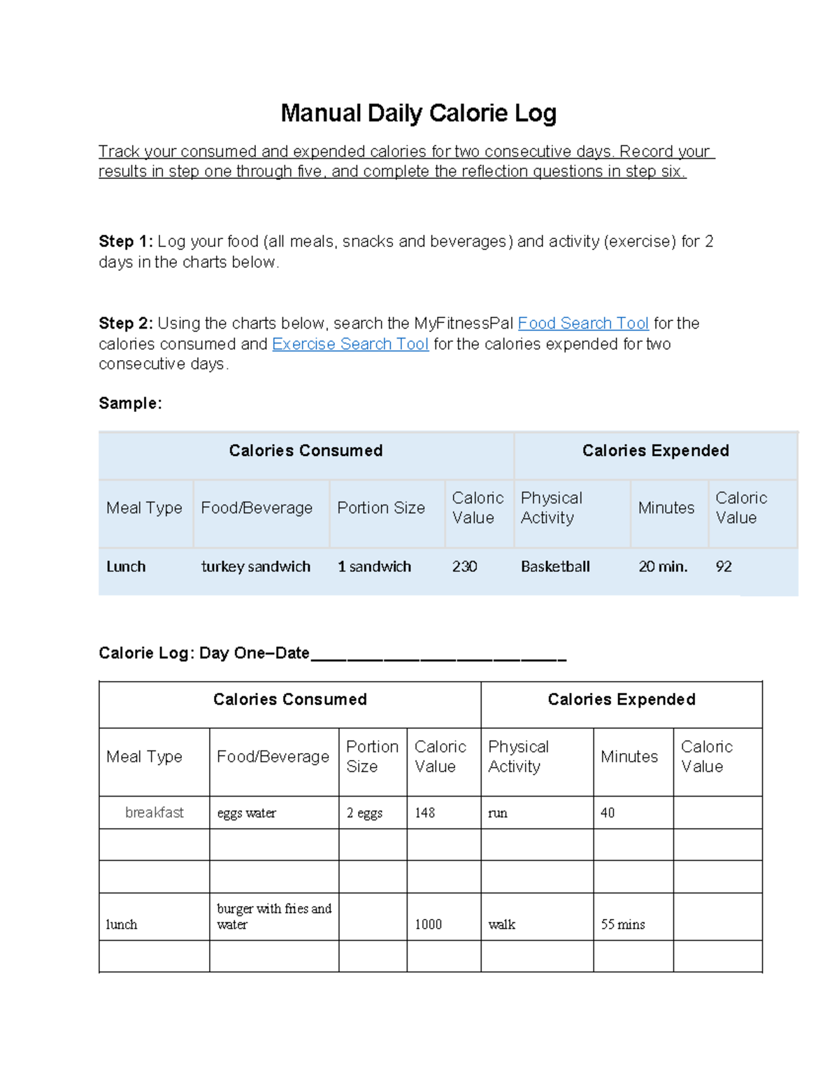 Manual daily calorie log - Manual Daily Calorie Log Track your consumed ...