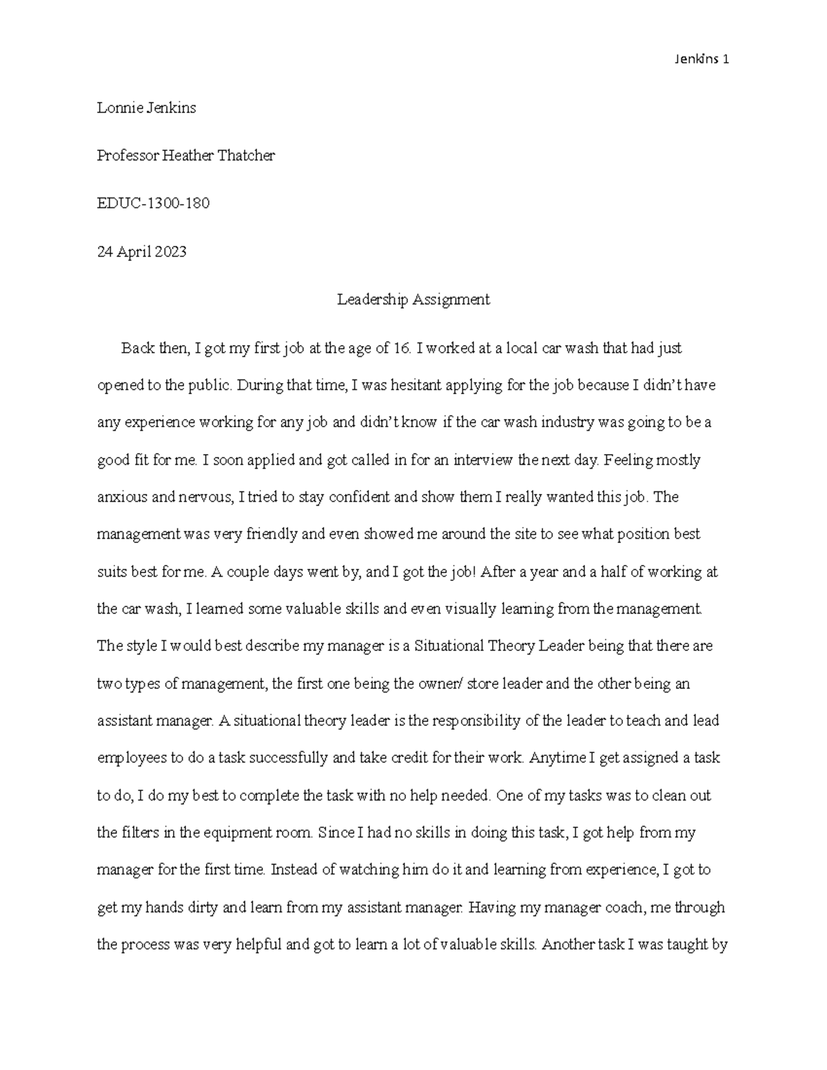 Leadership assignment - Jenkins 1 Lonnie Jenkins Professor Heather ...
