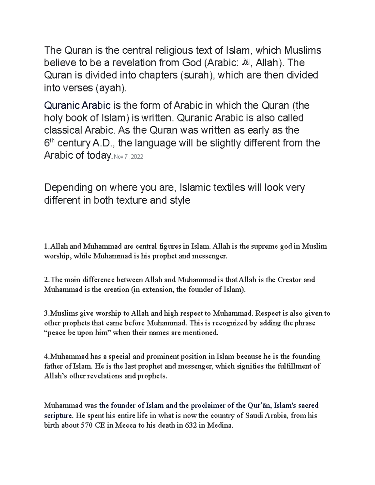 ART APPRECIATION - The Quran is the central religious text of Islam ...