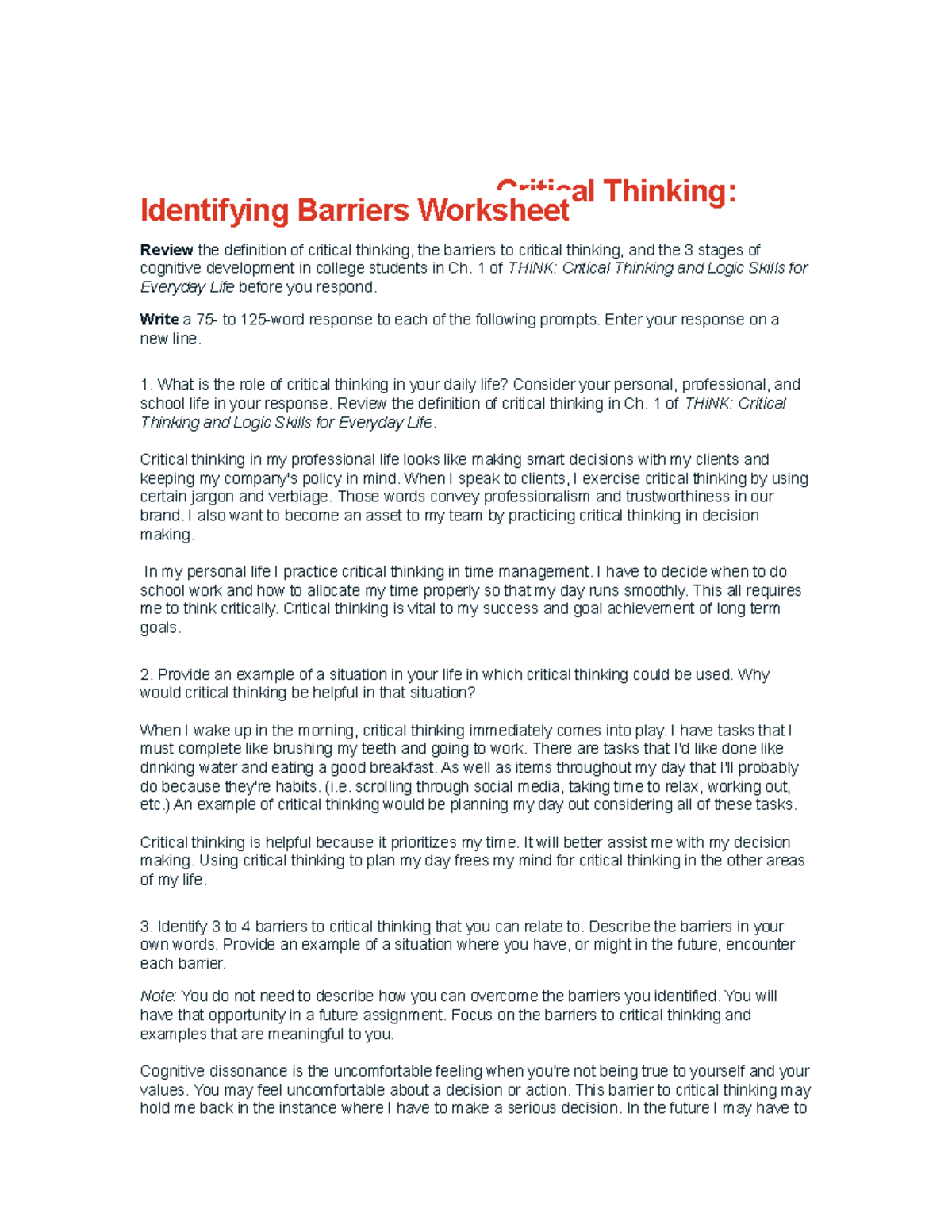 Week One HUM 115 - Week 1 - Critical Thinking: Identifying Barriers ...