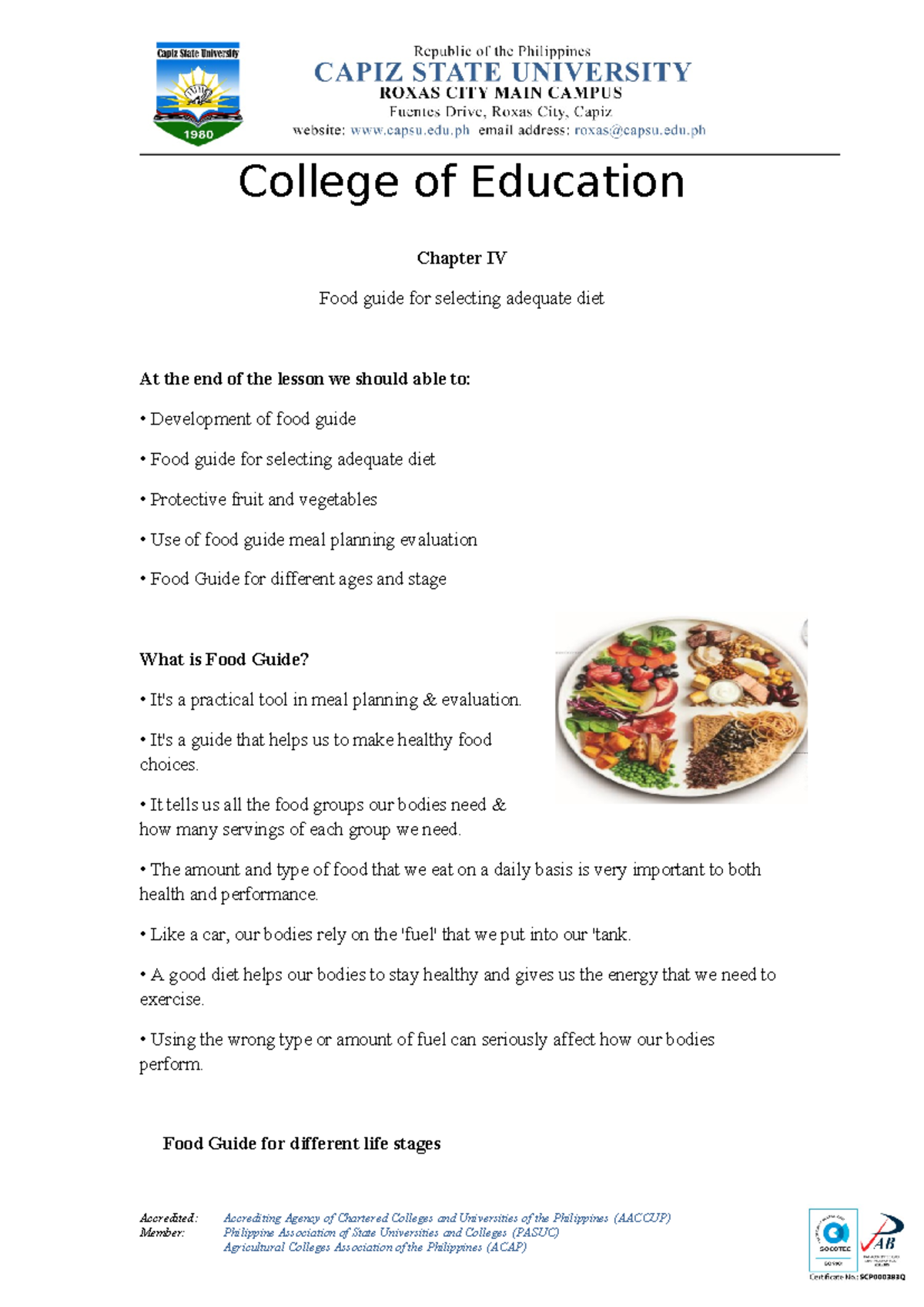 HE-114- Handouts 2 - Food guide for selecting adequate diet - Chapter ...