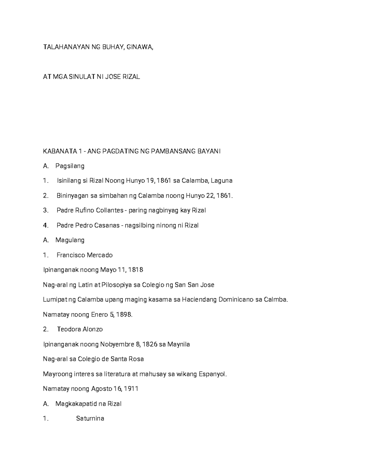 Rizal Reviewer 1-1 - TALAHANAYAN NG BUHAY, GINAWA, AT MGA SINULAT NI ...