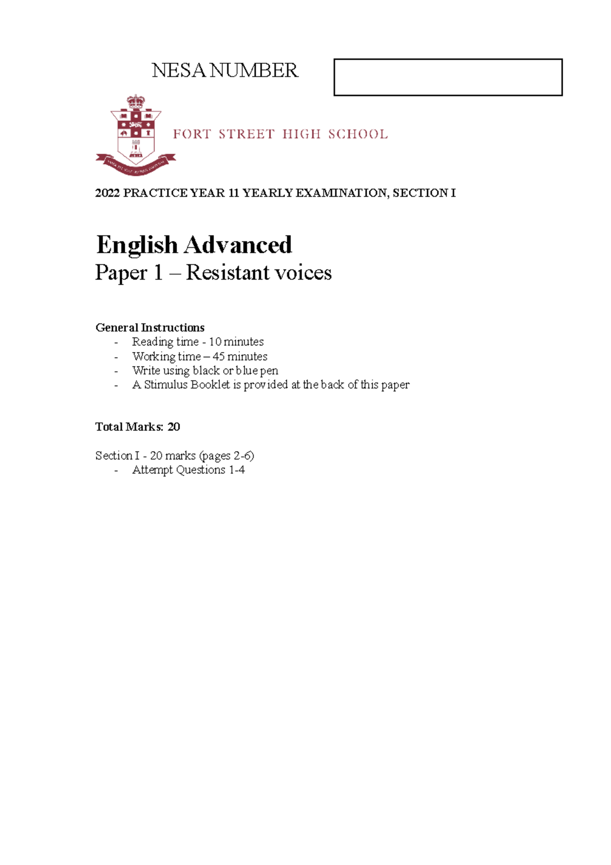 Practice Paper Resistant Voices Answer Booklet - NESA NUMBER 2022 ...