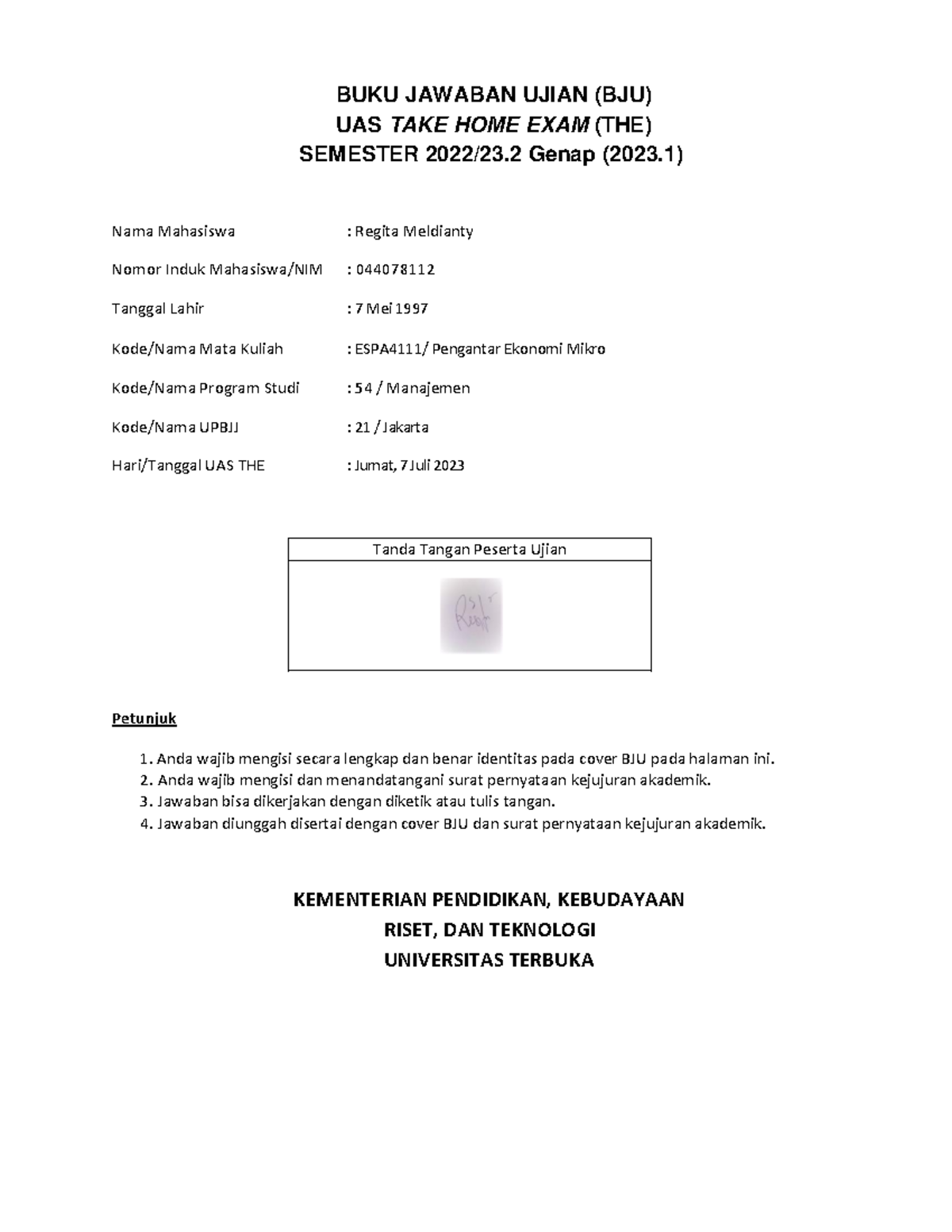 Regita Meldianty 044078112 Pengantar Ekonomi Mikro - BUKU JAWABAN UJIAN (BJU) UAS TAKE HOME EXAM ...