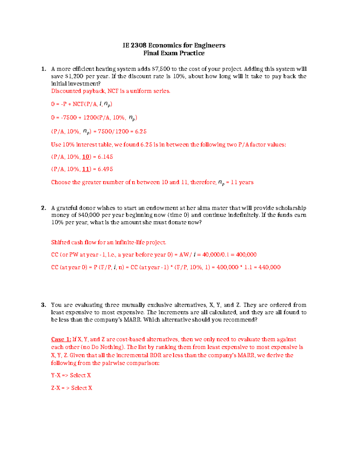 IE2308 Final Exam Review Questions - Solution - IE 2308 Economics for ...