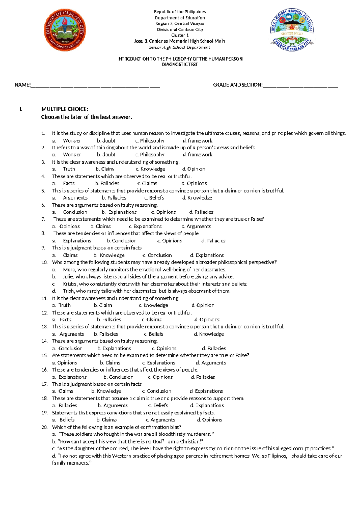 Philo-Diagnostic-test - Republic of the Philippines Department of ...