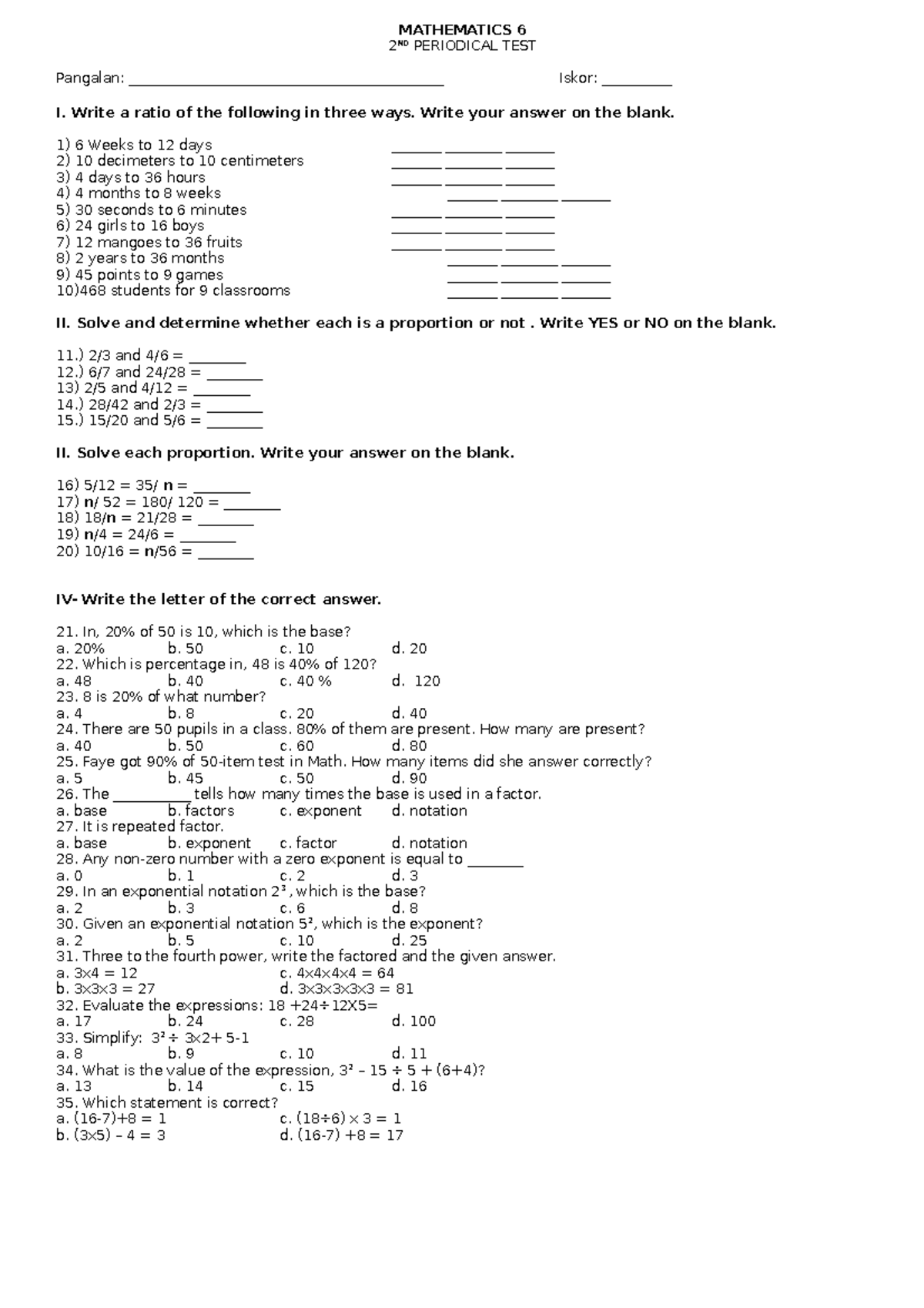 2ND Periodical TEST IN MATH 6 - MATHEMATICS 6 2 ND PERIODICAL TEST ...