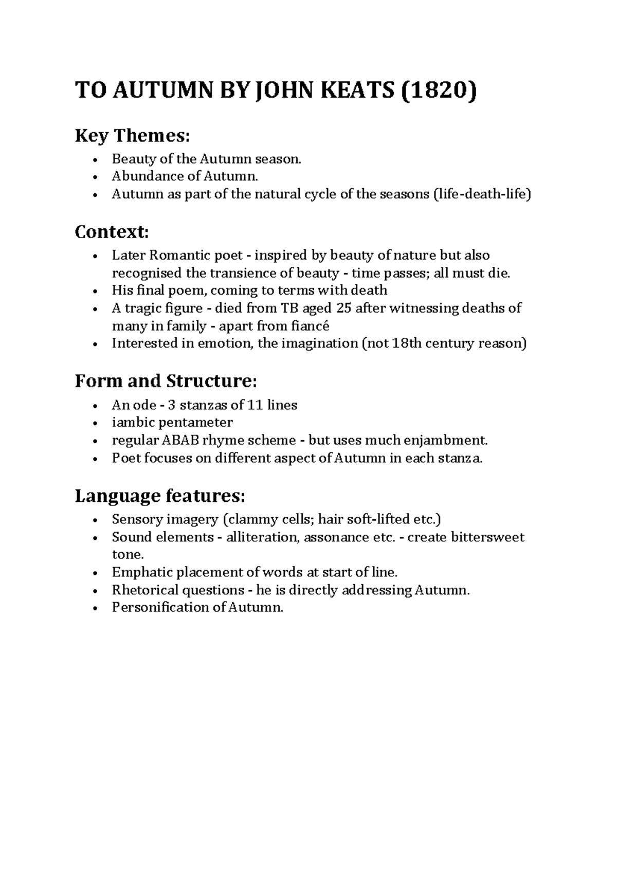 To Autumn Key Notes - TO AUTUMN BY JOHN KEATS (1820) Key Themes ...