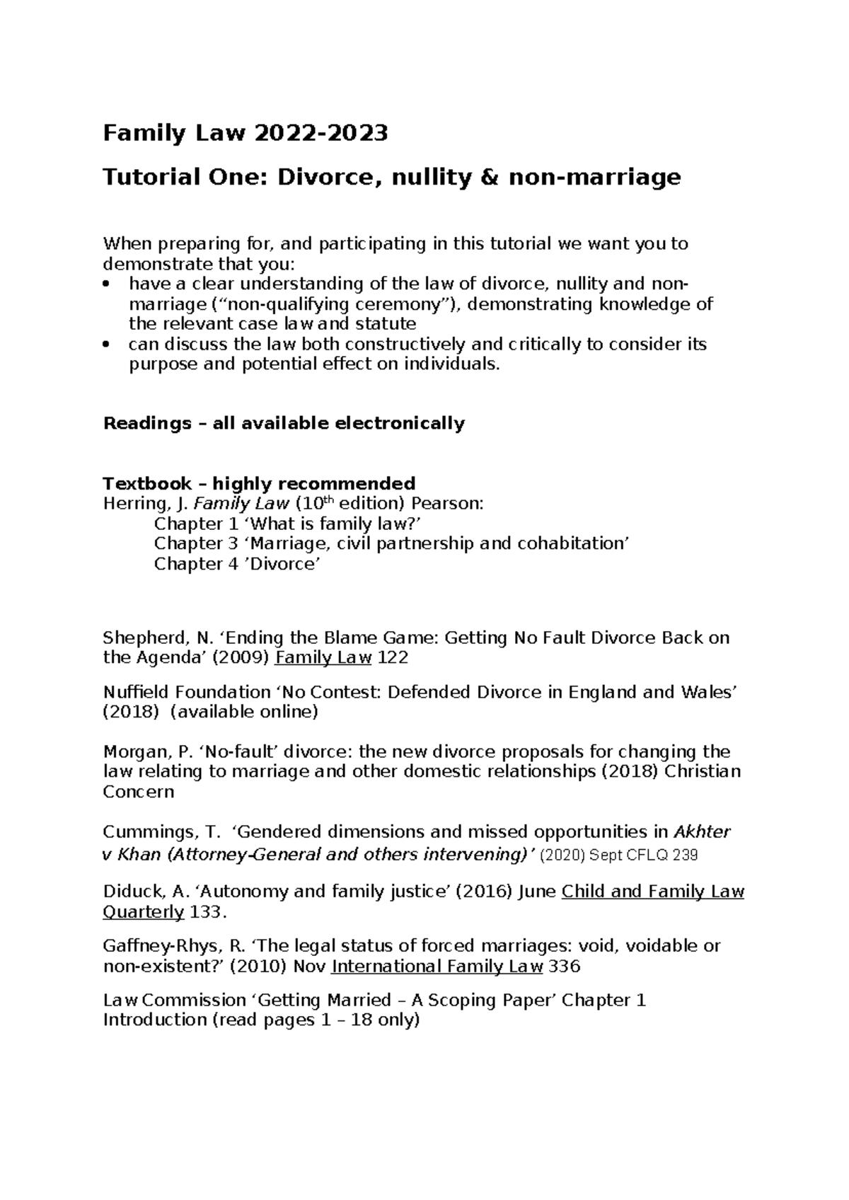 Tutorial One - Divorce, nullity & non-marriage - Family Law 2022- Tutorial One: Divorce, nullity ...