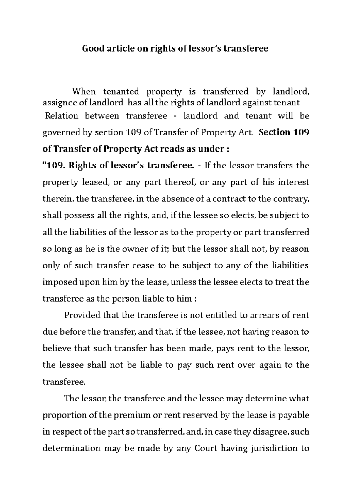 Rights of lessor - Good article on rights of lessor’s transferee When ...