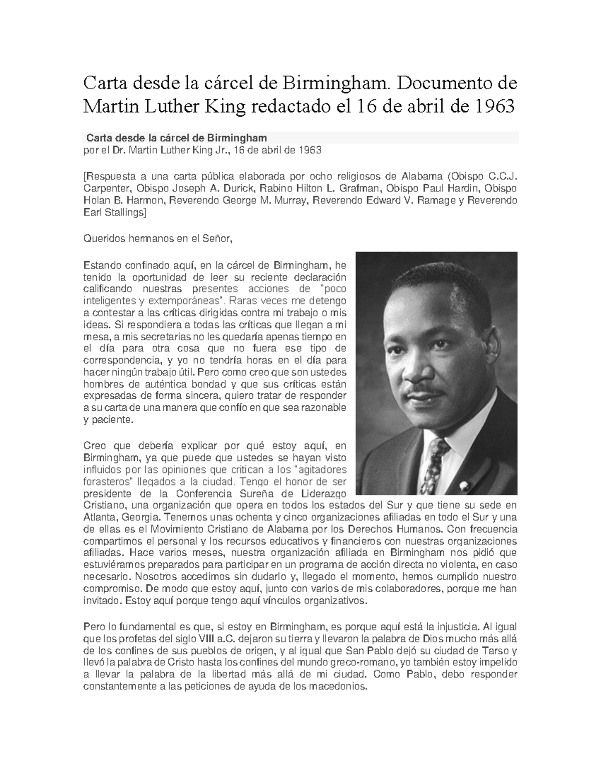 Carta desde la cárcel de Birmingham - Documento de Martin Luther King ...