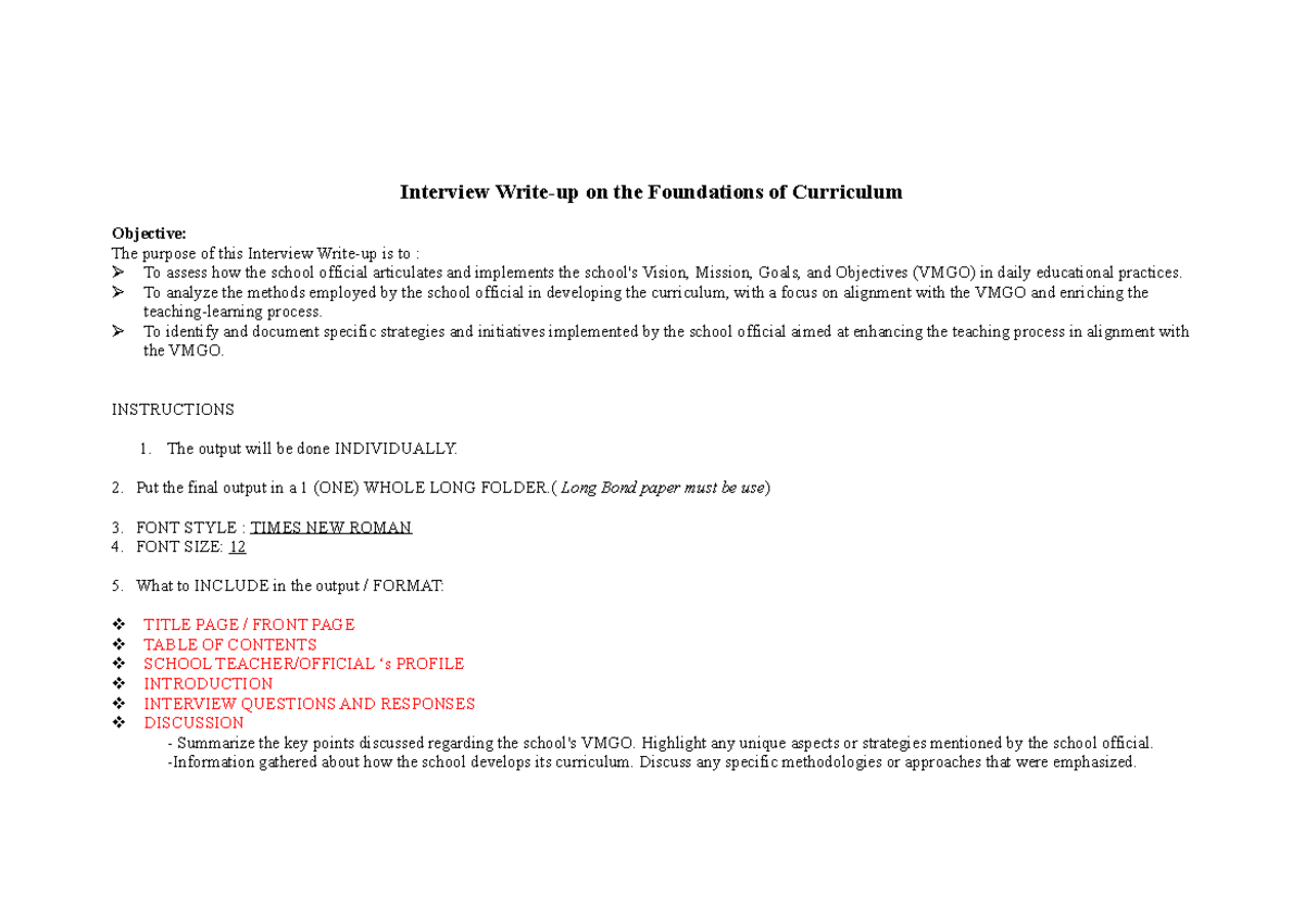 Interview write-up on Foundations of Curriculum - Interview Write-up on ...
