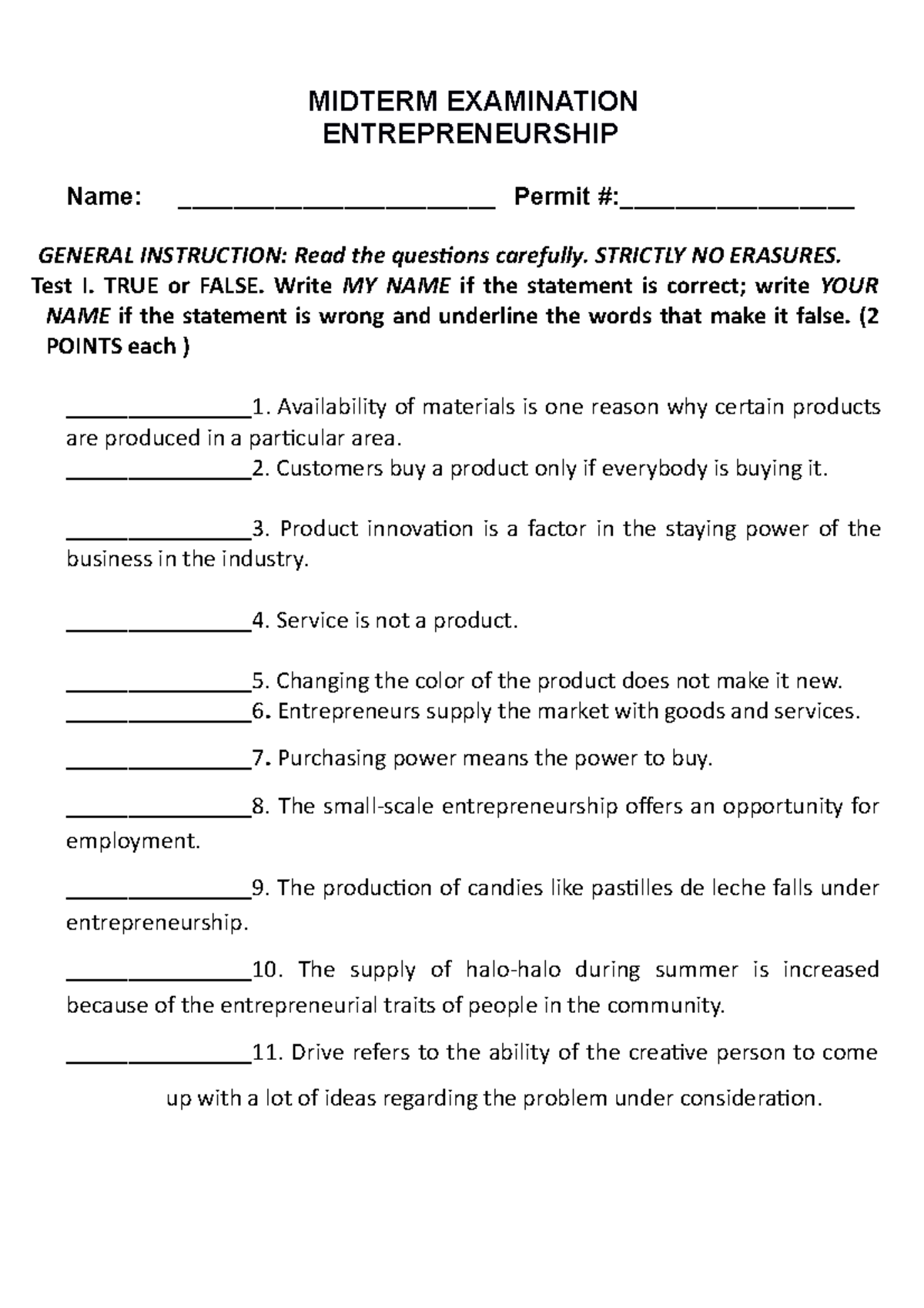 Examination 2 in Entrep - MIDTERM EXAMINATION ENTREPRENEURSHIP Name