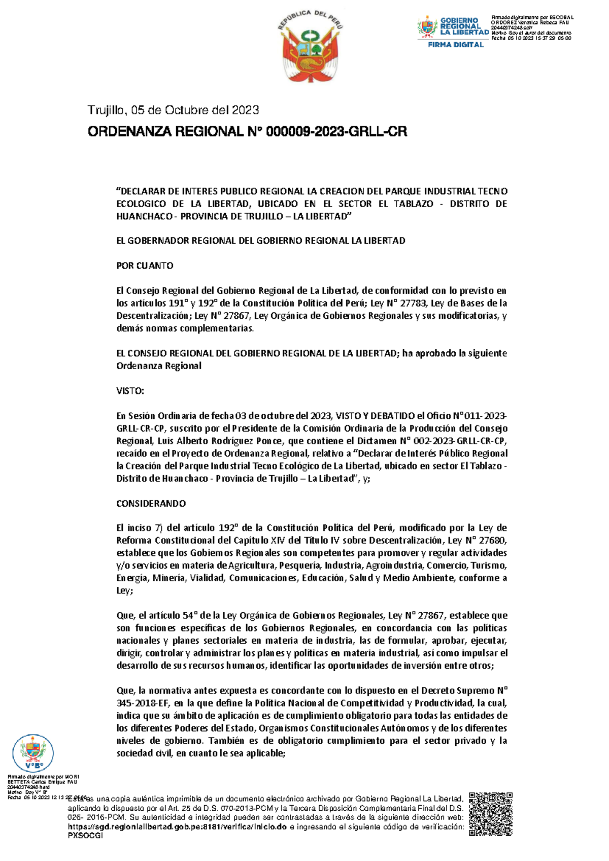 Ordenanza Regional N° 000009-2023-GRLL-CR - “DECLARAR DE INTERES PUBLICO REGIONAL LA CREACION ...
