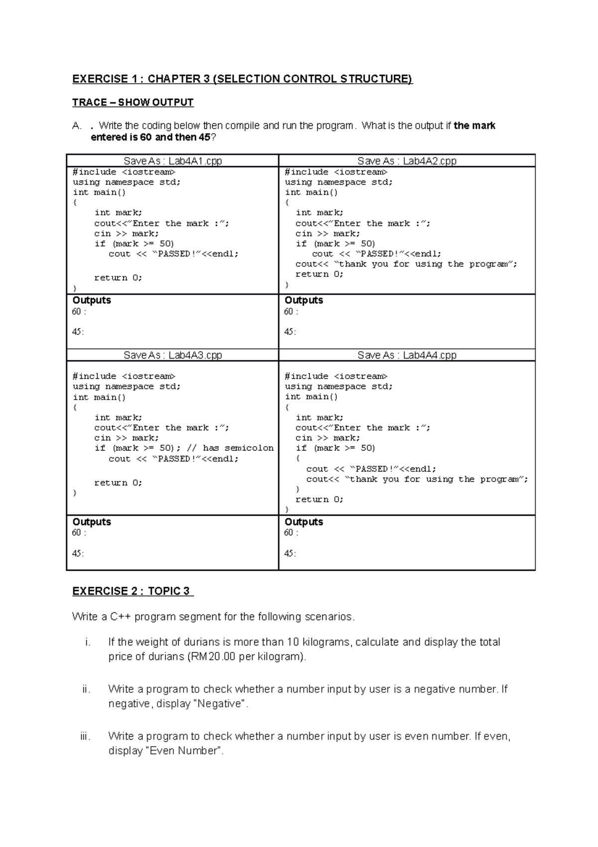 Chapter 3 Exercise 1 - awdawda - EXERCISE 1 : CHAPTER 3 (SELECTION ...