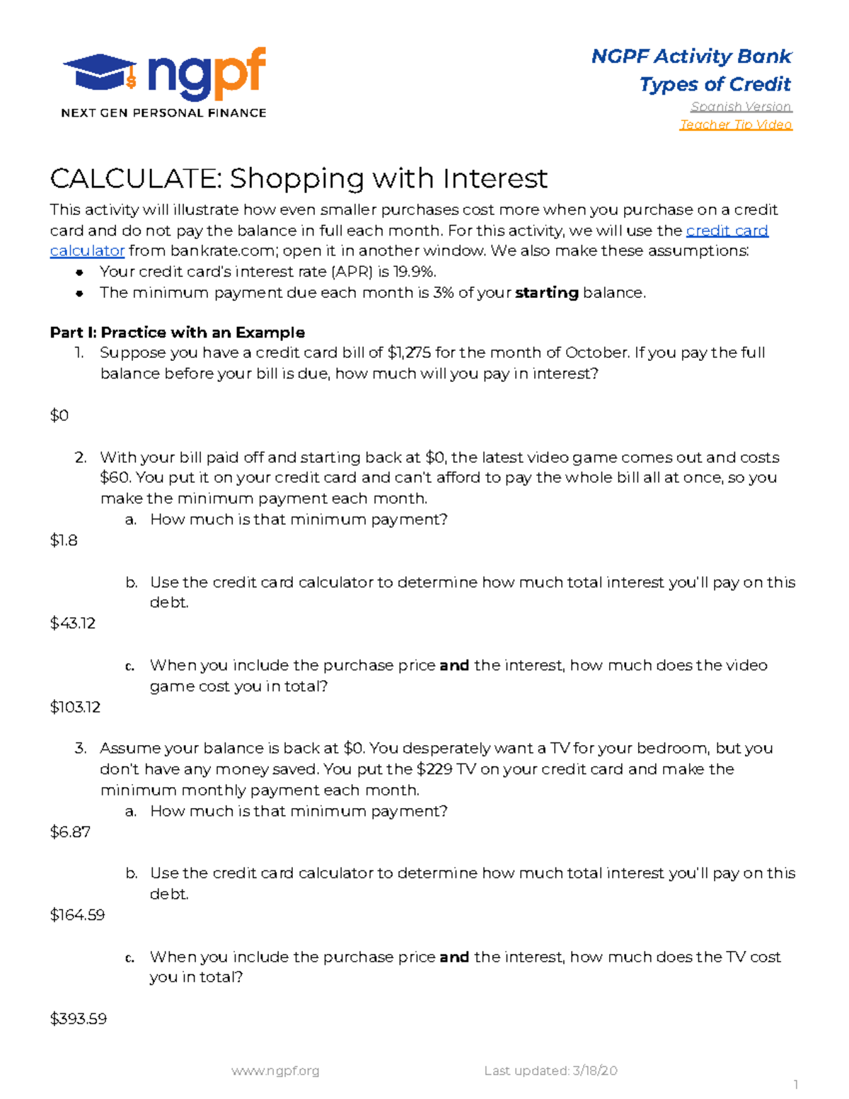 Copy of Calculate Shopping with Interest - NGPF Activity Bank Types of ...