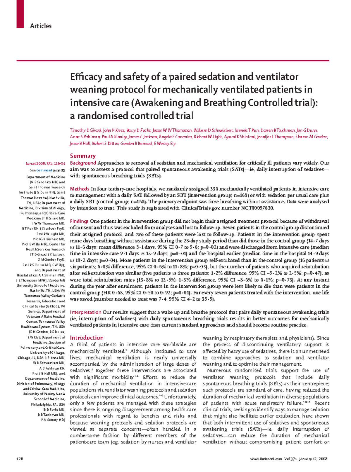 Abc trial girard 2008 - Efficacy and safety of a paired sedation and ...