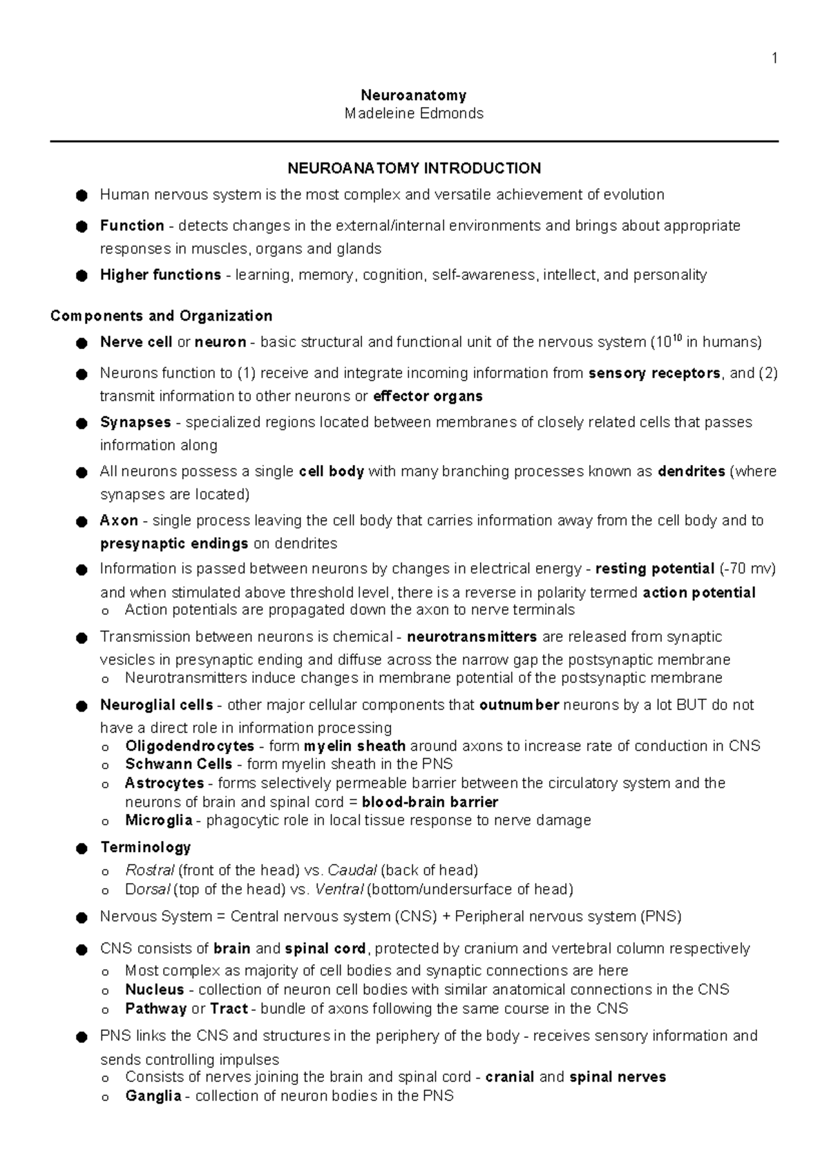 Neuroanatomy notes S2S - Neuroanatomy Madeleine Edmonds NEUROANATOMY ...