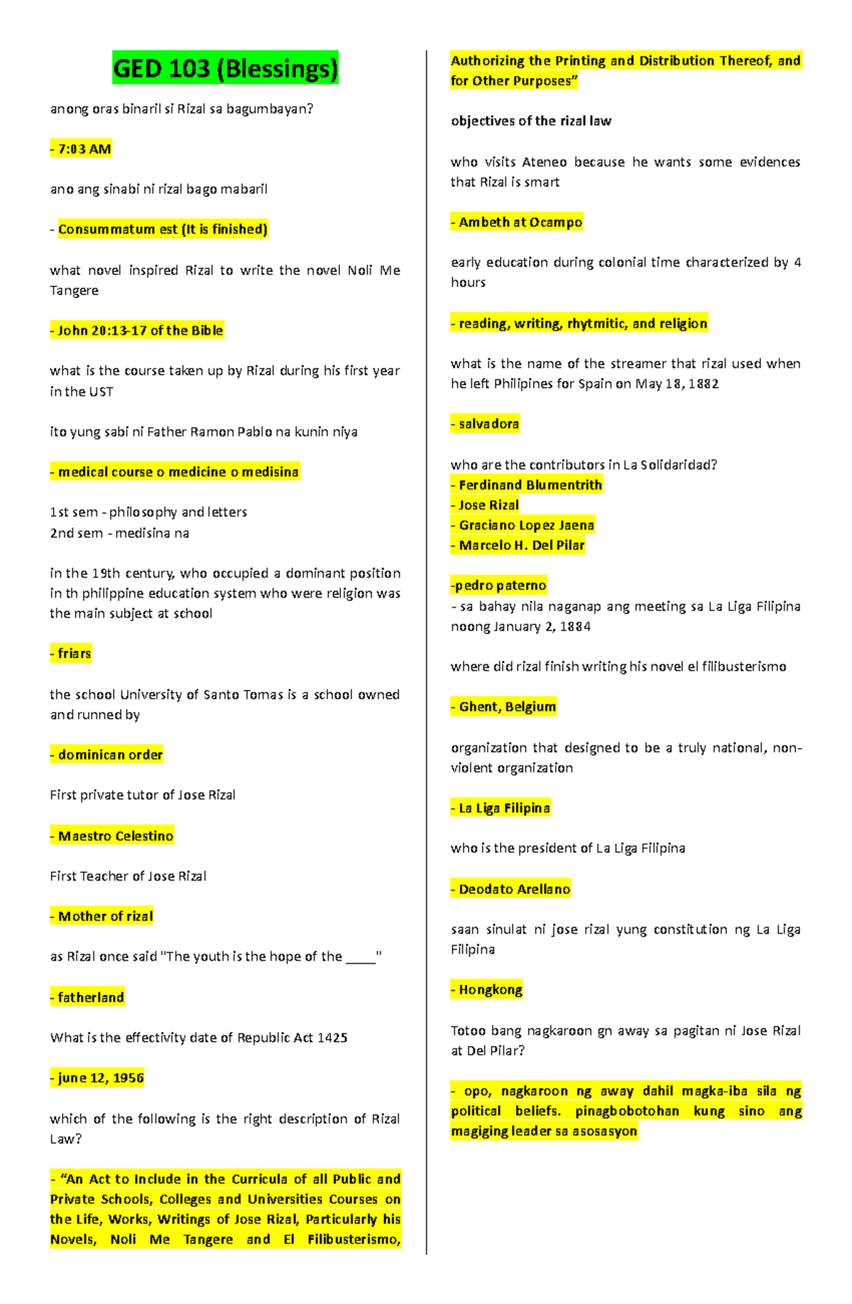 Rizal-Blessings - n\a - GED 103 (Blessings) anong oras binaril si Rizal ...