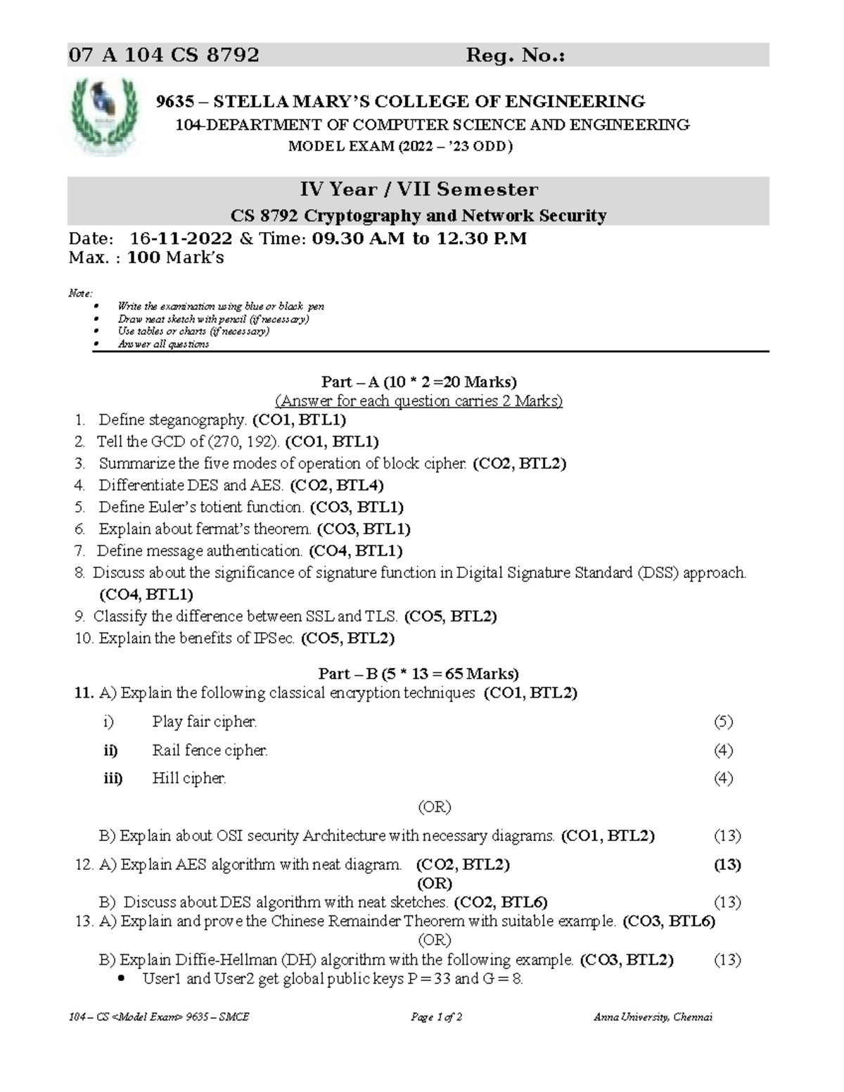 Model(CNS) question paper - 07 A 104 CS 8792 Reg. No.: 9635 – STELLA ...