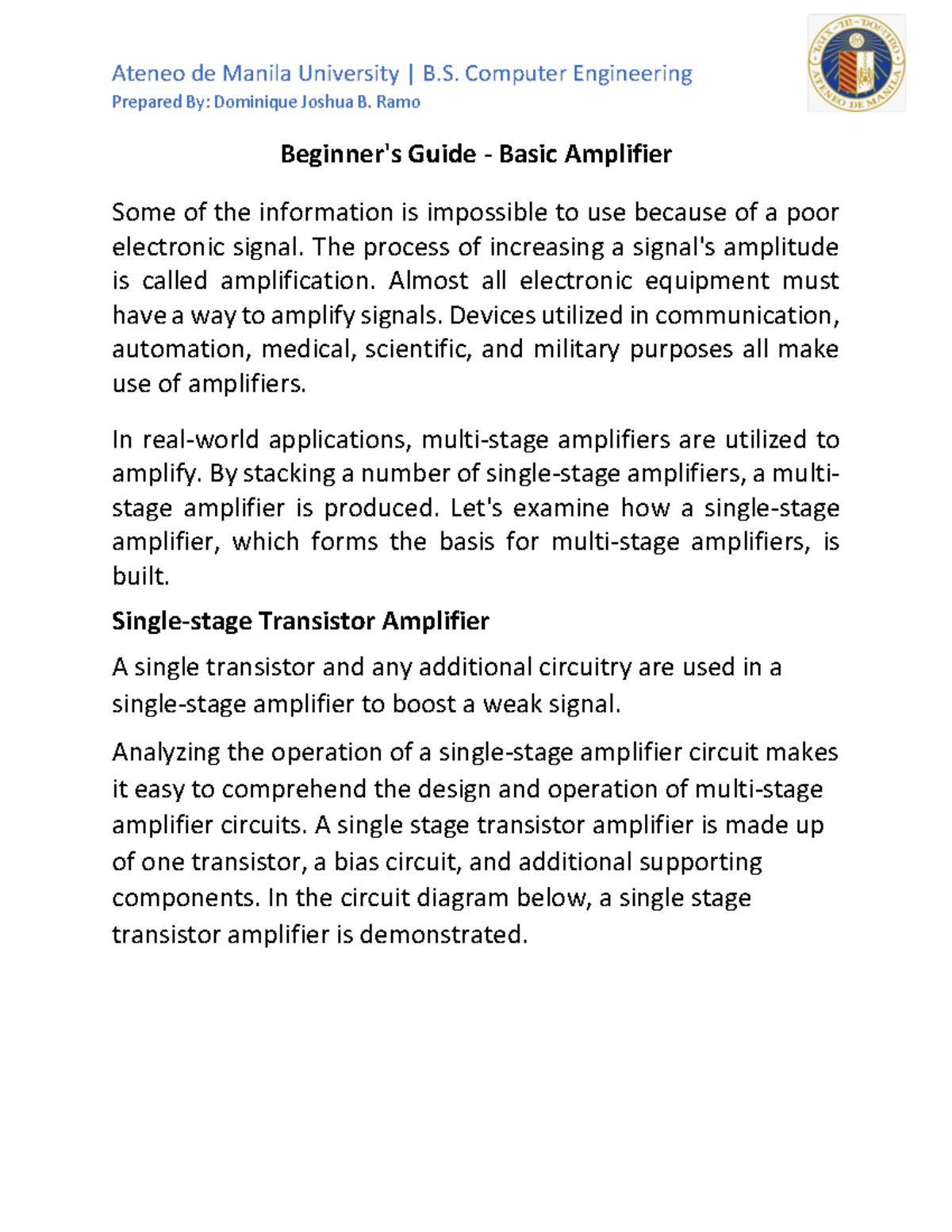 Beginner's Guide - Basic Amplifier - Prepared By: Dominique Joshua B. Ramo Beginner's Guide ...