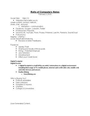 CSC 101 - Ethics Notes - ETHICS NOTES February 3, Ethics Definition ...