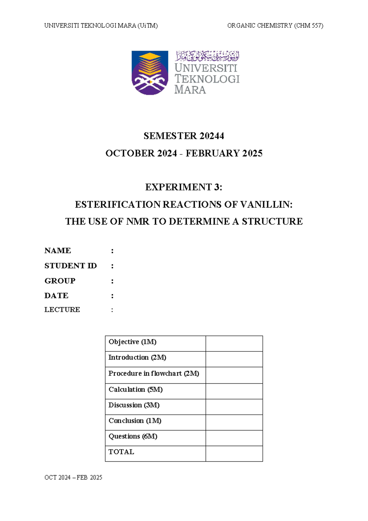 CHM557 Experiment 3 - lab report - SEMESTER 20244 OCTOBER 2024 ...