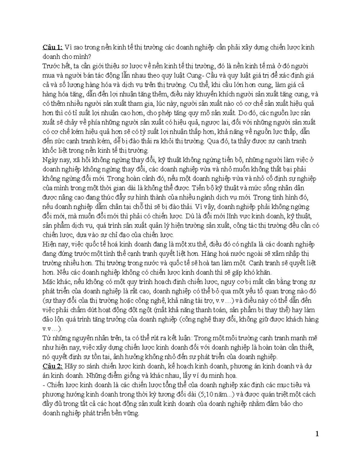 BAI TP QUN TR CHIN LC - ... - Câu 1: Vì sao trong nền kinh tế thị trường các doanh nghiệp cần ...