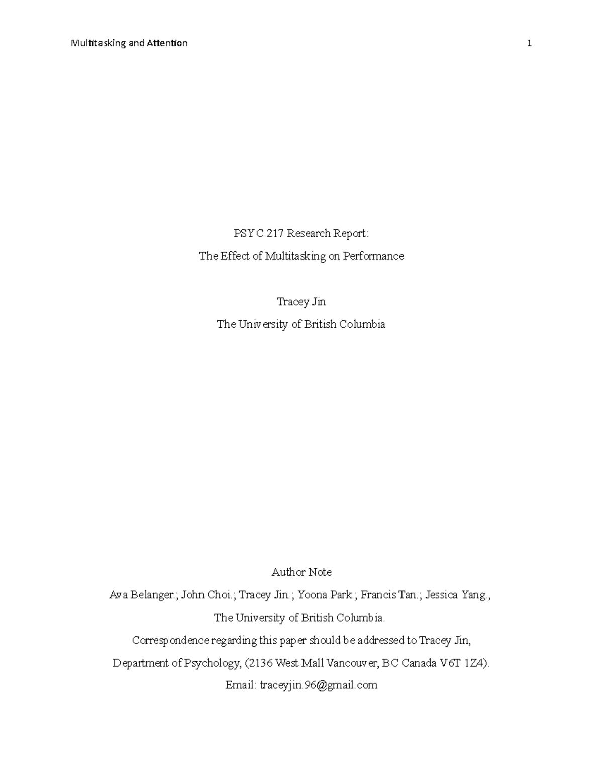 217 Paper Rules - vvv - PSYC 217 Research Report: The Effect of Multitasking on Performance ...